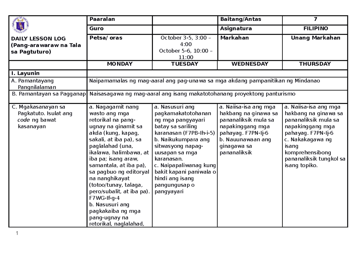 Filipino daily lesson log sample - DAILY LESSON LOG (Pang-arawaraw na ...