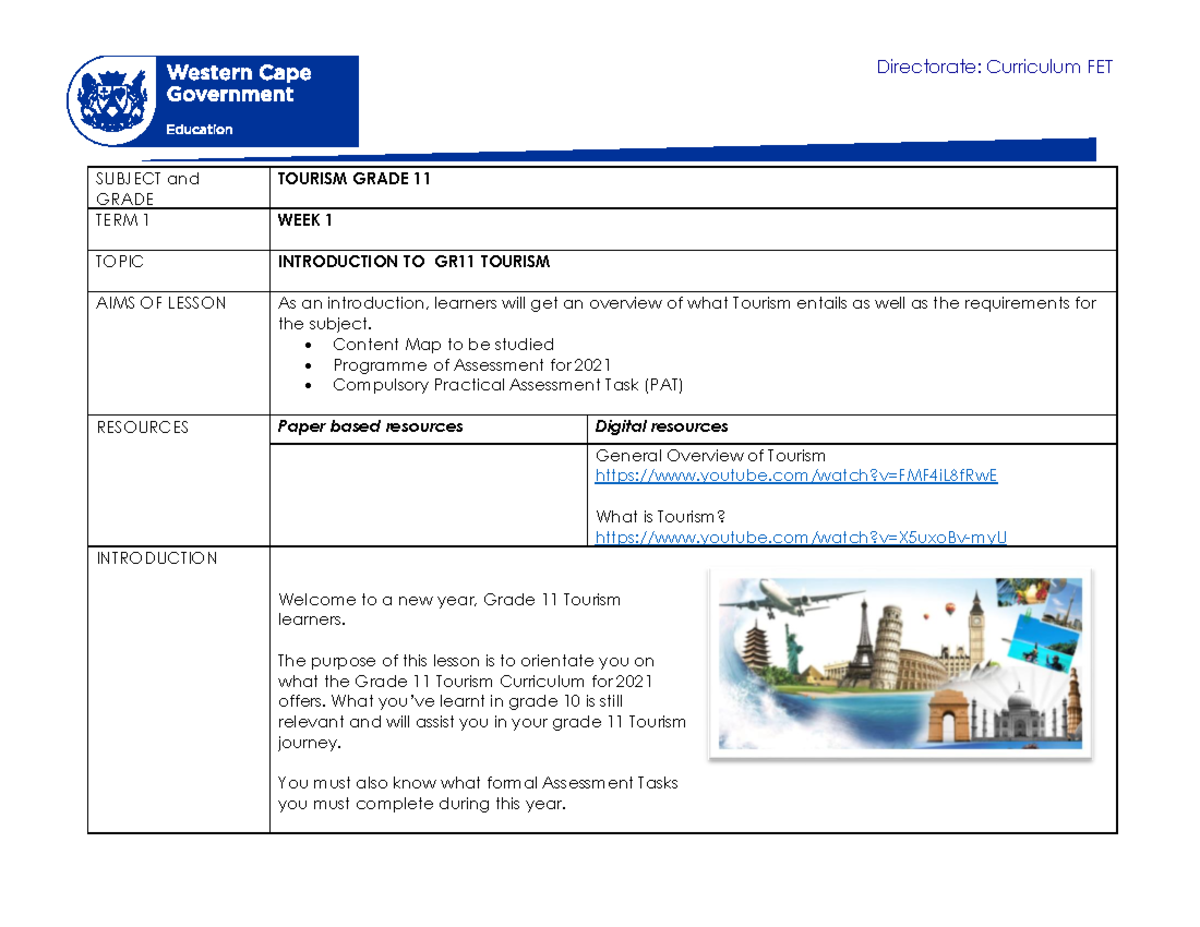Grade 11 Tourism Term 1 Week 1: Intro to Tourism Curriculum Overview ...