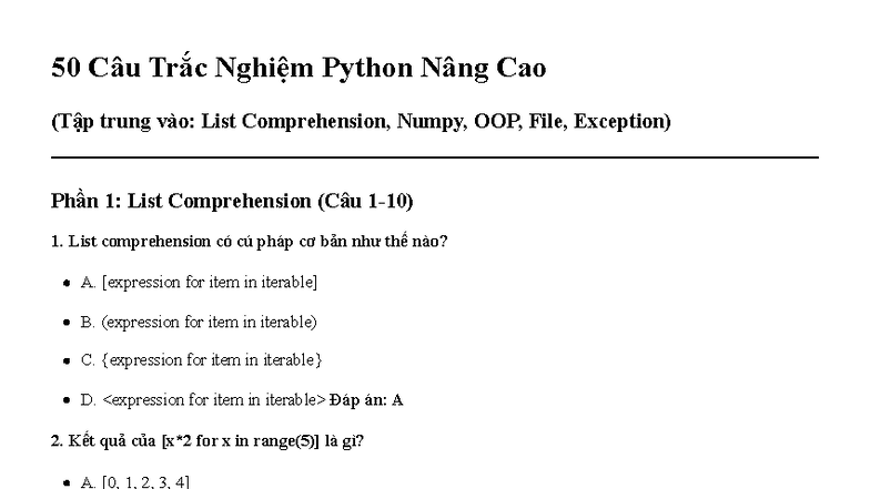 50 Câu Trắc Nghiệm Python Nâng Cao (List Comprehension, Numpy, OOP ...