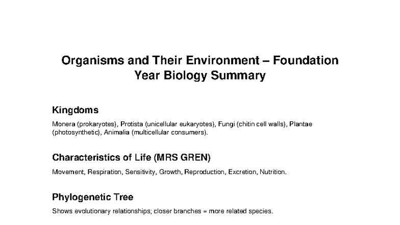 Organisms and Their Environment: Biology Summary for Foundation Year ...