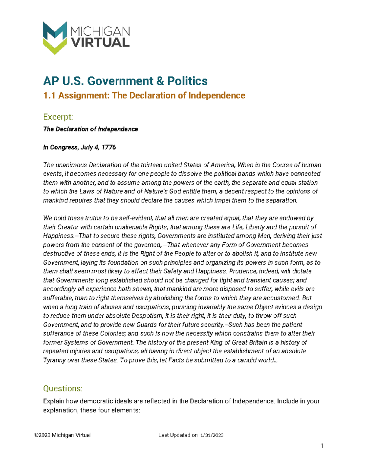 AP U.S. Government Politics 1.1 Assignment: Analyzing the Declaration ...