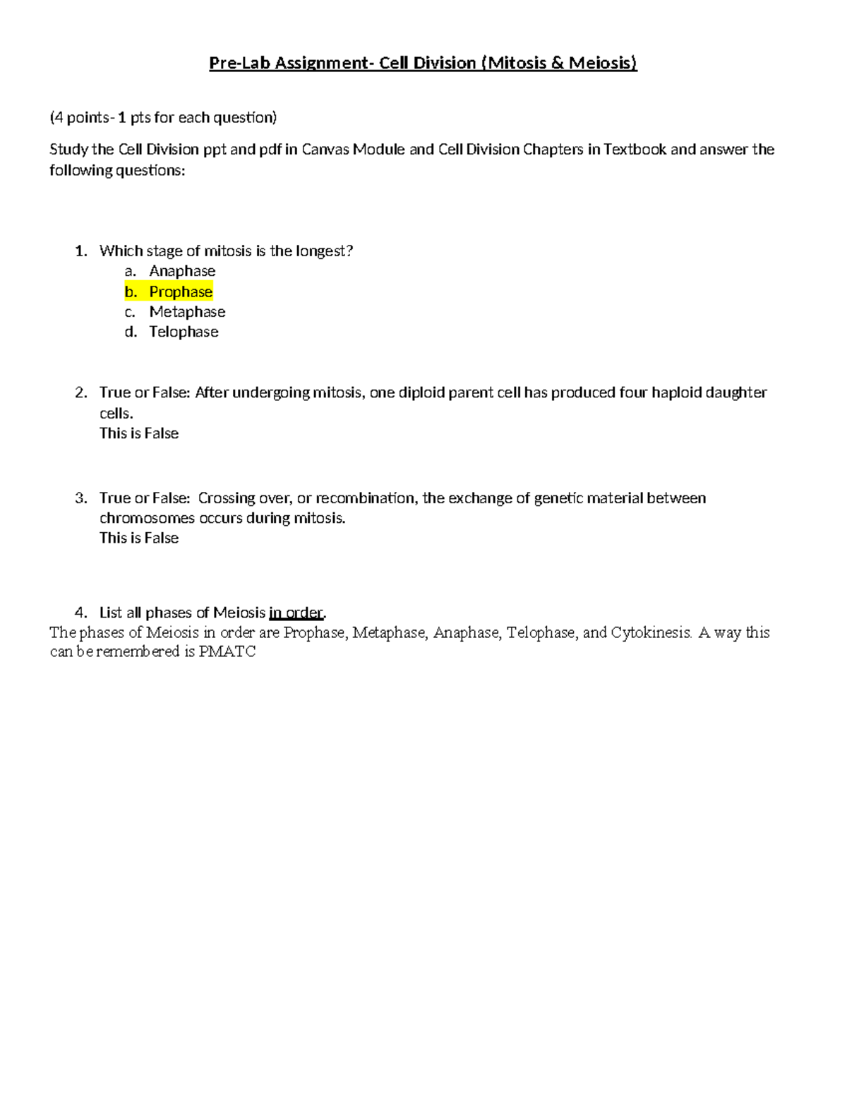 Cell Division Pre-Lab Assignment (4 1 pts) - Mitosis & Meiosis - Studocu