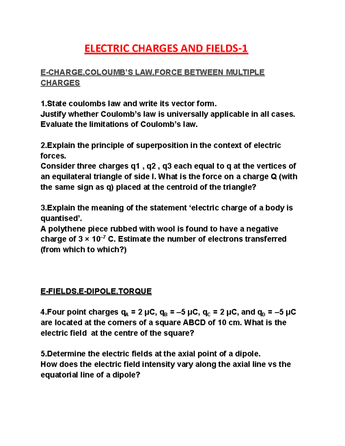 ELECTRIC CHARGES AND FIELDS -1: LAWS, FORCES, AND APPLICATIONS - Studocu