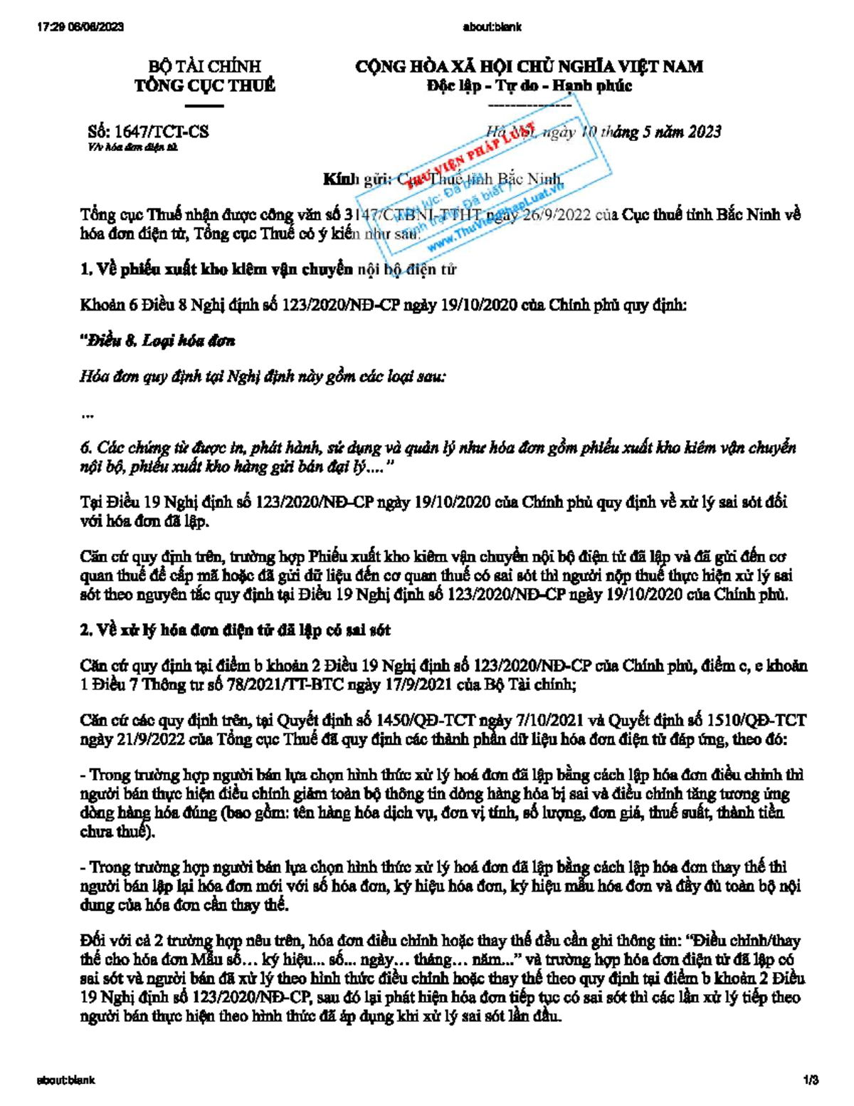 2023 - OL1647-TCT-CS - Xử Lý Hóa Đơn Sai Sót Tại Bắc Ninh - Studocu