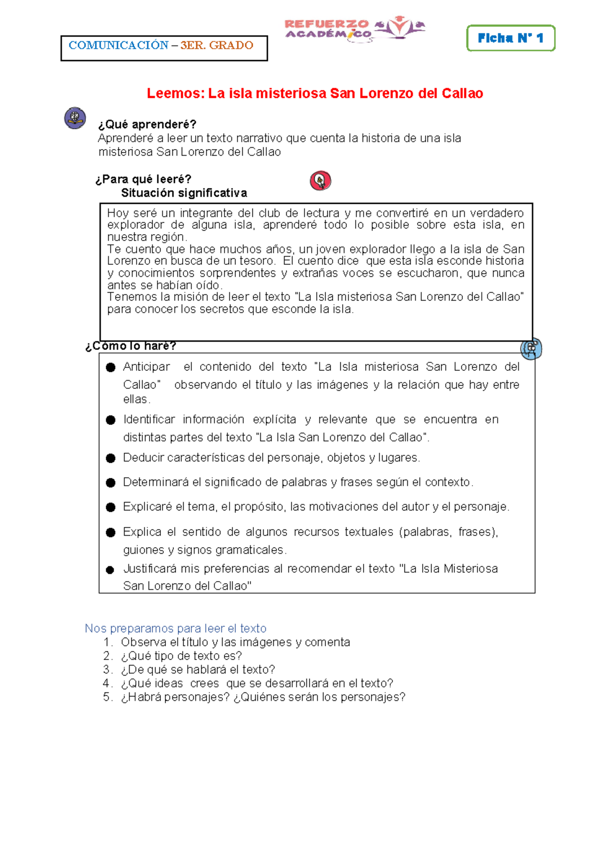 Ficha N° 01: Comprensión Lectora sobre "La Isla Misteriosa" - 3er Grado ...