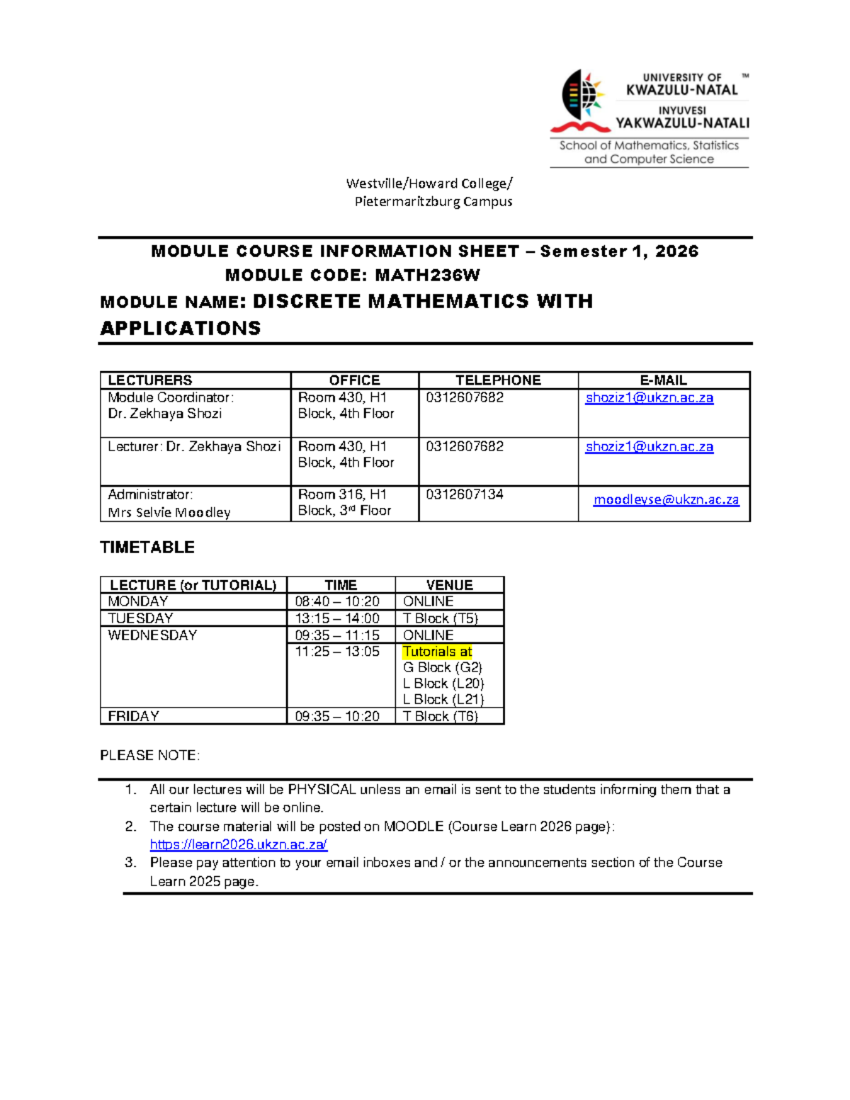 MATH236W 2026 Discrete Mathematics Course Info Sheet - Studocu