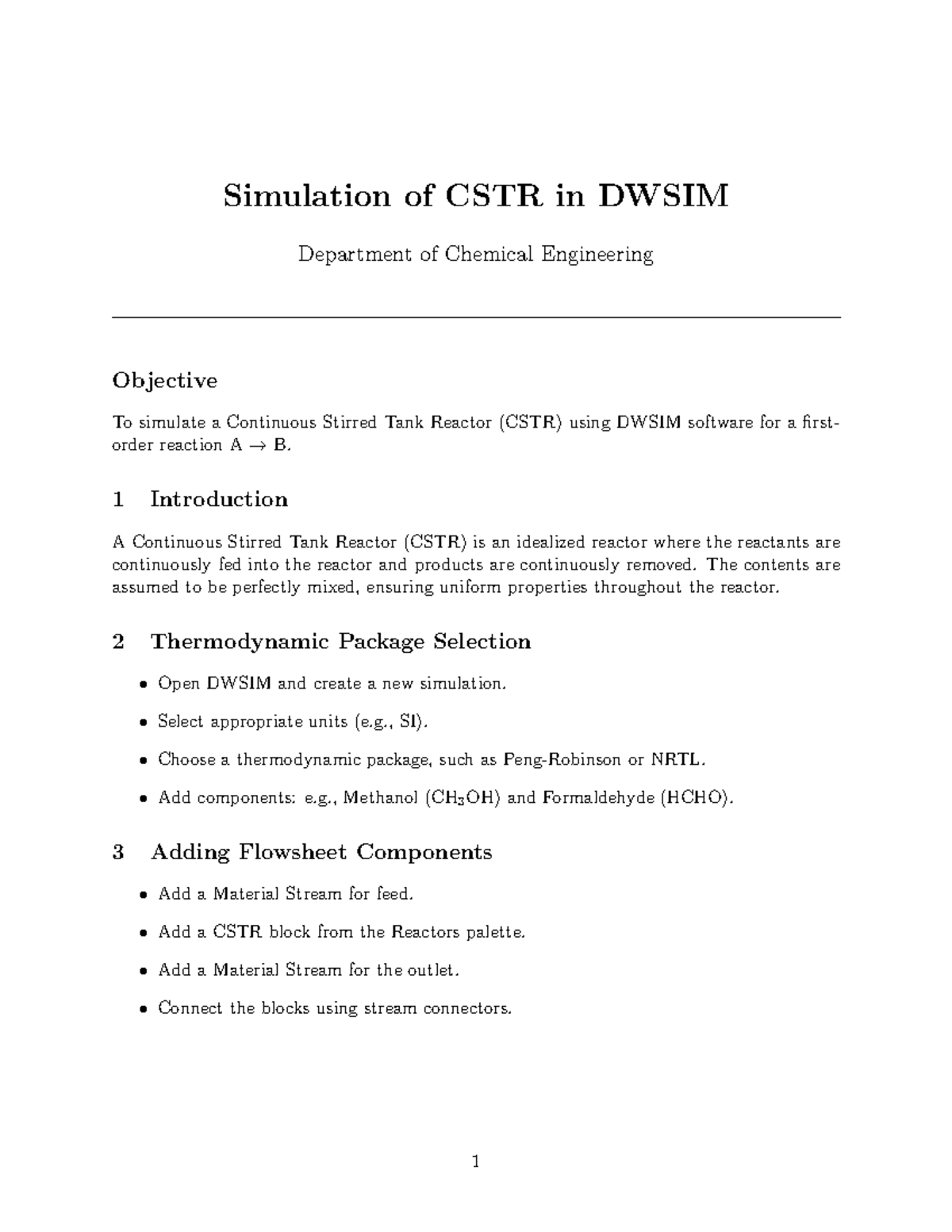 CSTR Simulation in DWSIM for Chemical Engineering Applications - Studocu