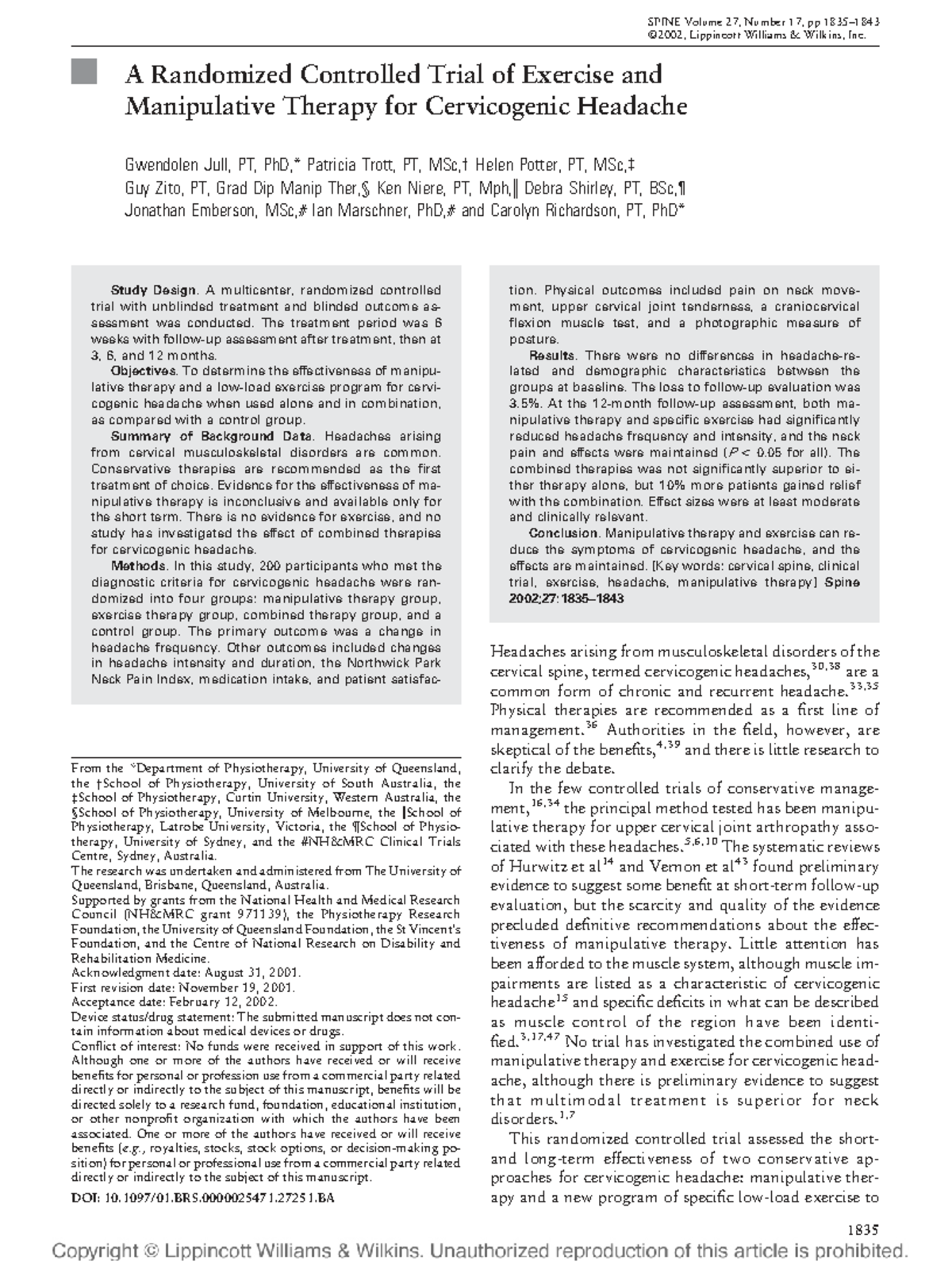 SPINE 27: RCT on Exercise & Manipulative Therapy for Cervicogenic ...
