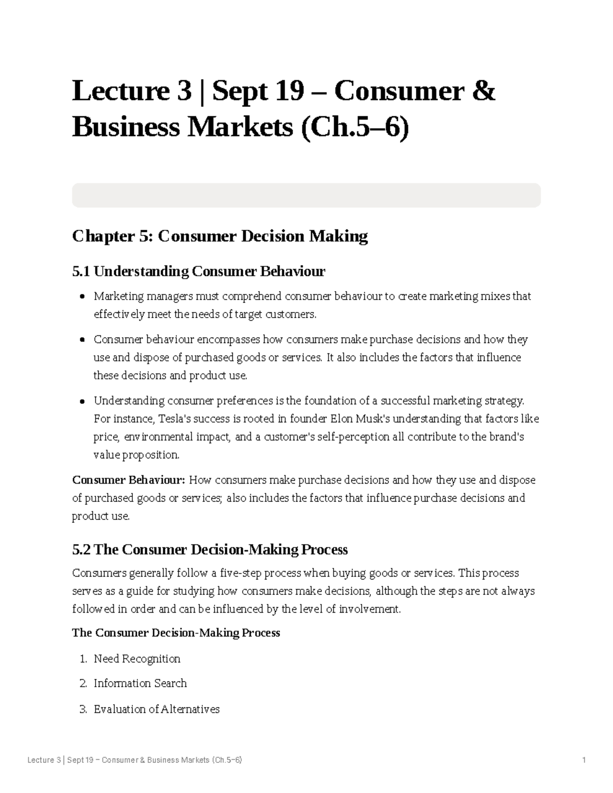Lecture 3: Consumer Decision Making & Business Marketing (Ch. 5-6 ...