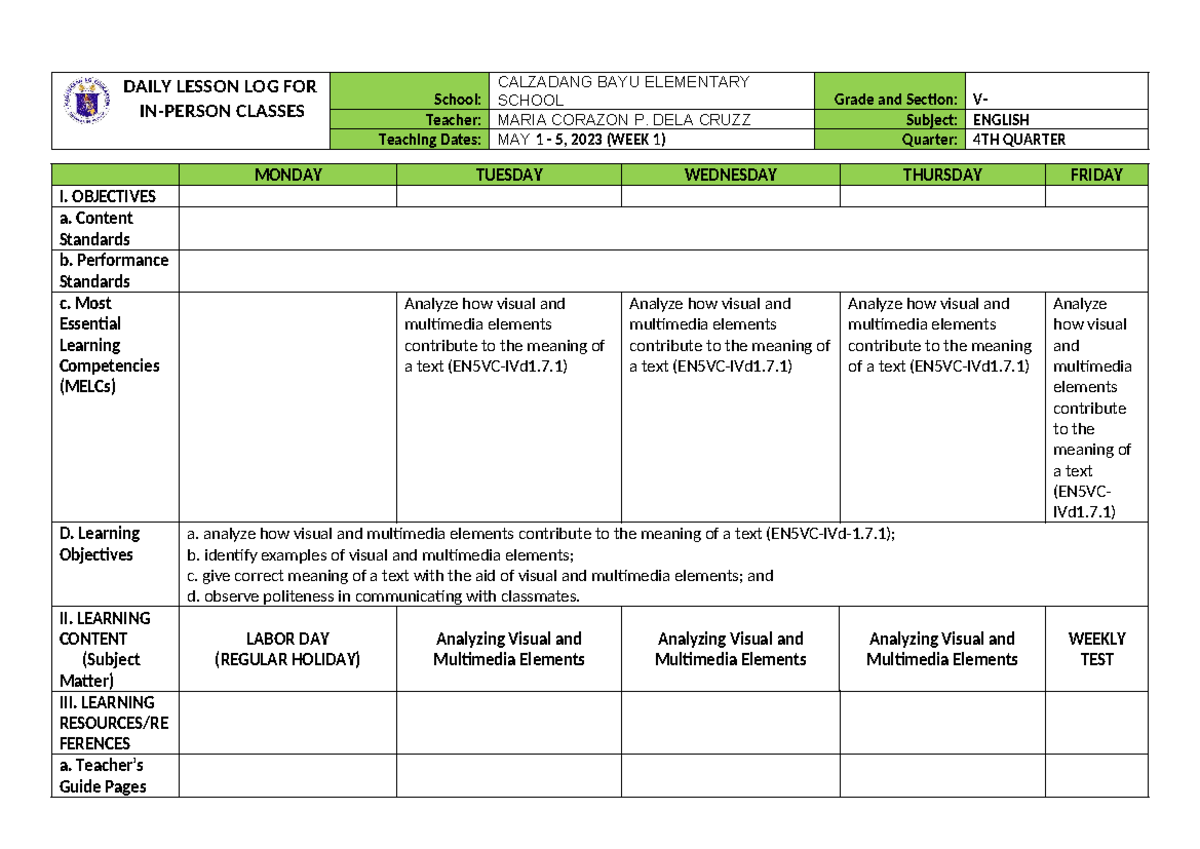 English 5 WEEK 1 - Understanding Visual & Multimedia Elements in Text ...