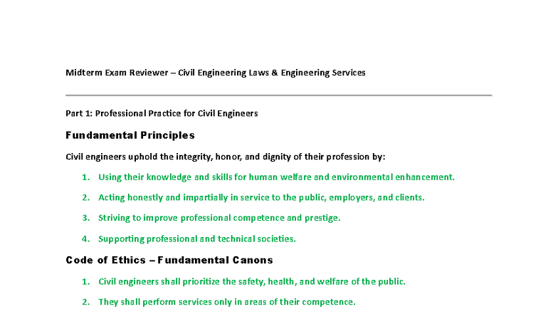 Midterm Exam Reviewer CE 101: Civil Engineering Laws & Ethics - Studocu