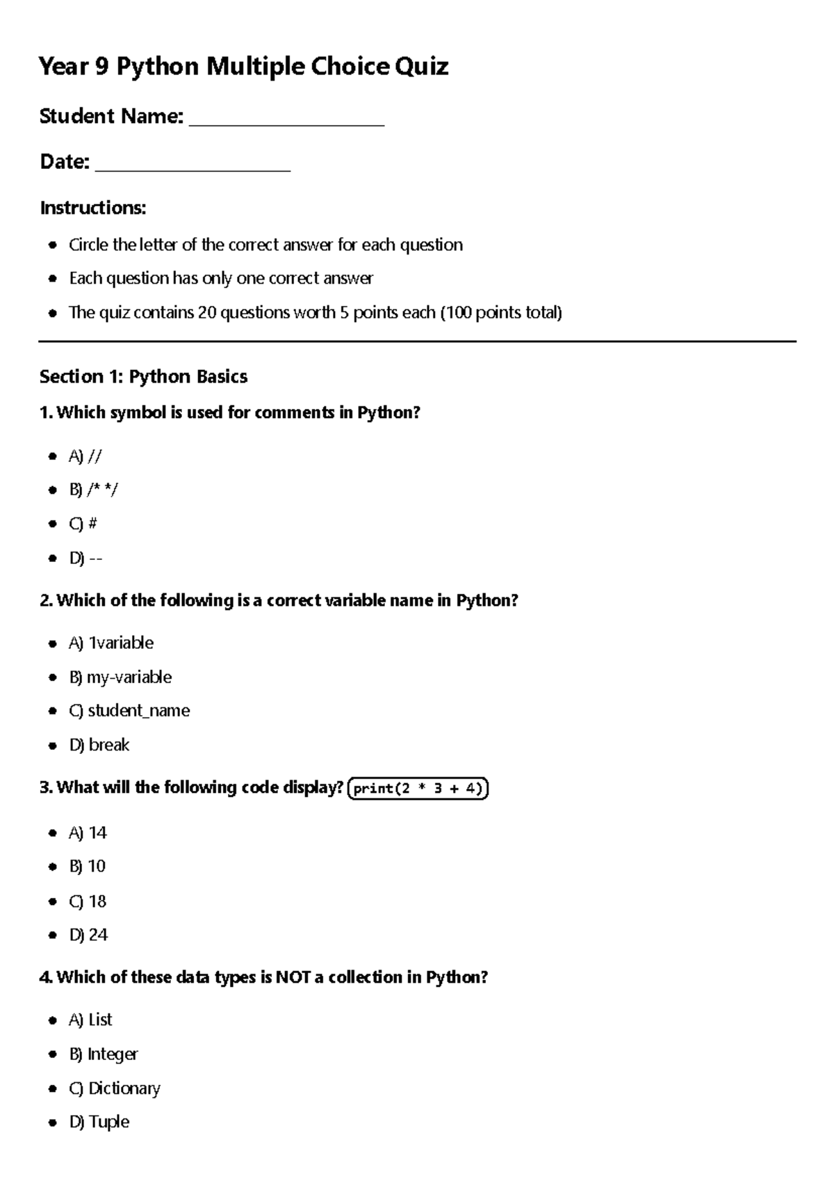 Year 9 Python Multiple Choice Quiz - Answers & Key - Studocu