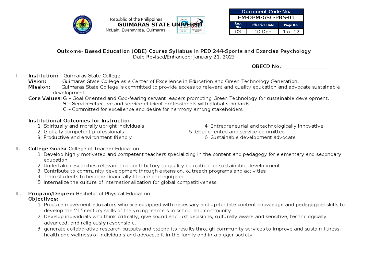 Outcome-Based Education (OBE) Syllabus for PED 244: Sports & Exercise ...