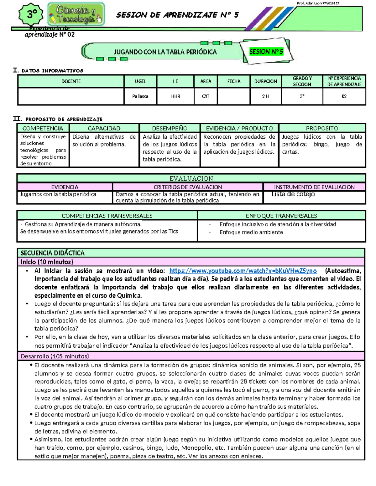 3° SESIÓN 5 - JUGANDO CON LA TABLA PERIÓDICA: EXPERIENCIA DE ...