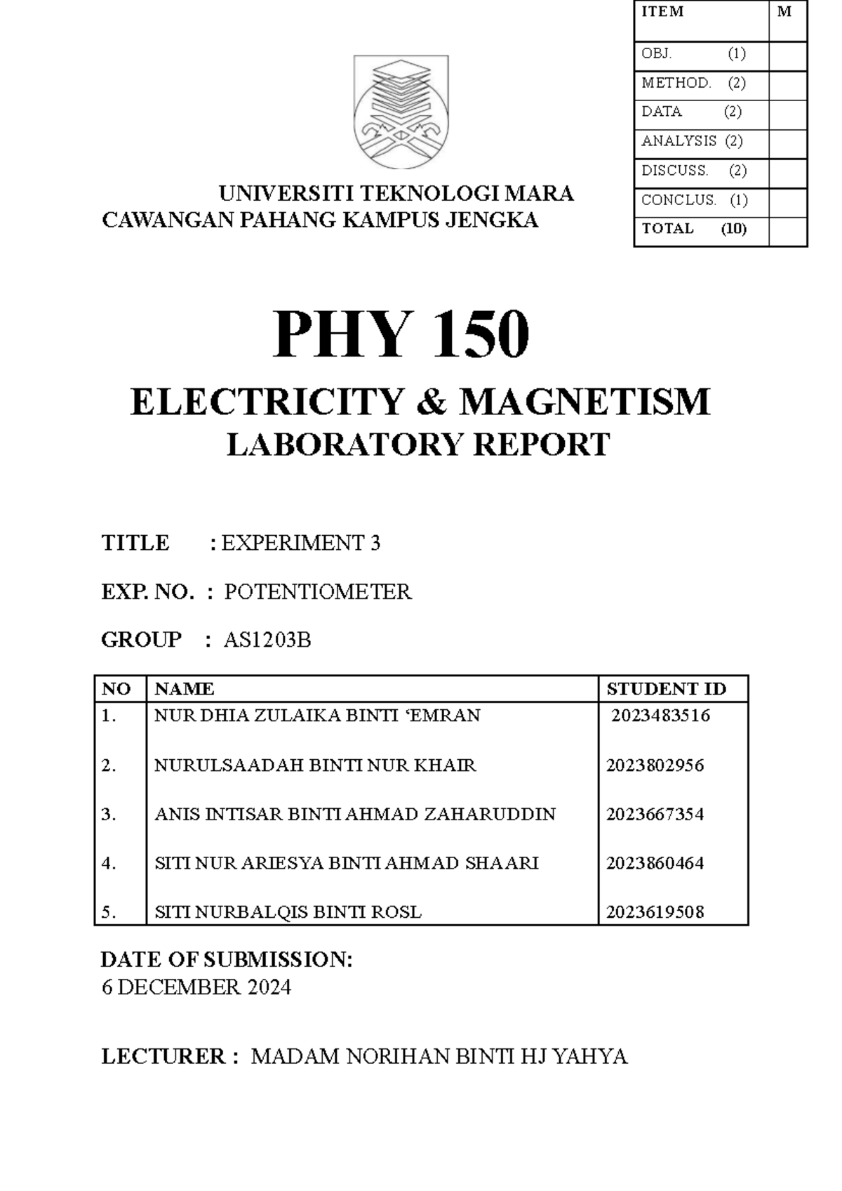PHY150 Electricity & Magnetism Lab Report: Experiment 3 - Potentiometer ...
