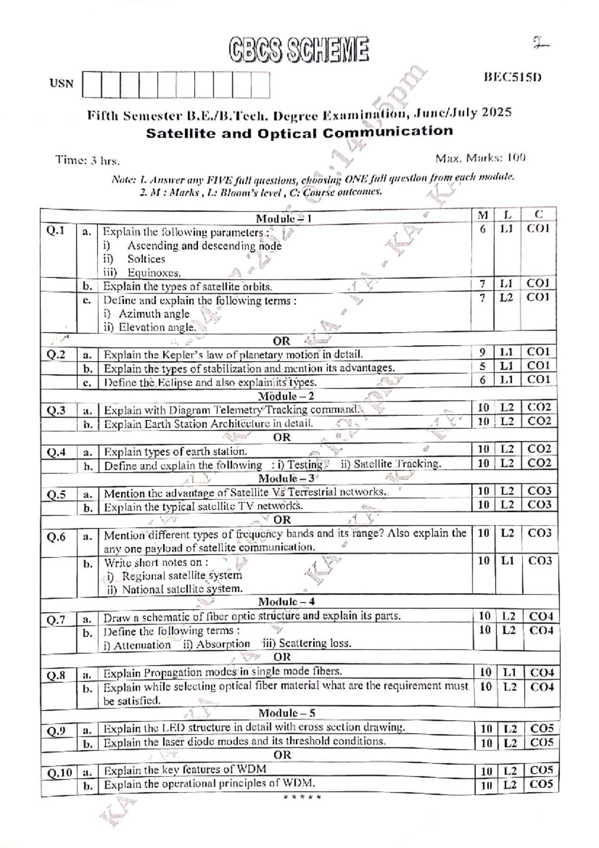 CBCS BEC515D Fifth Sem Exam: Satellite & Optical Communication Guide ...