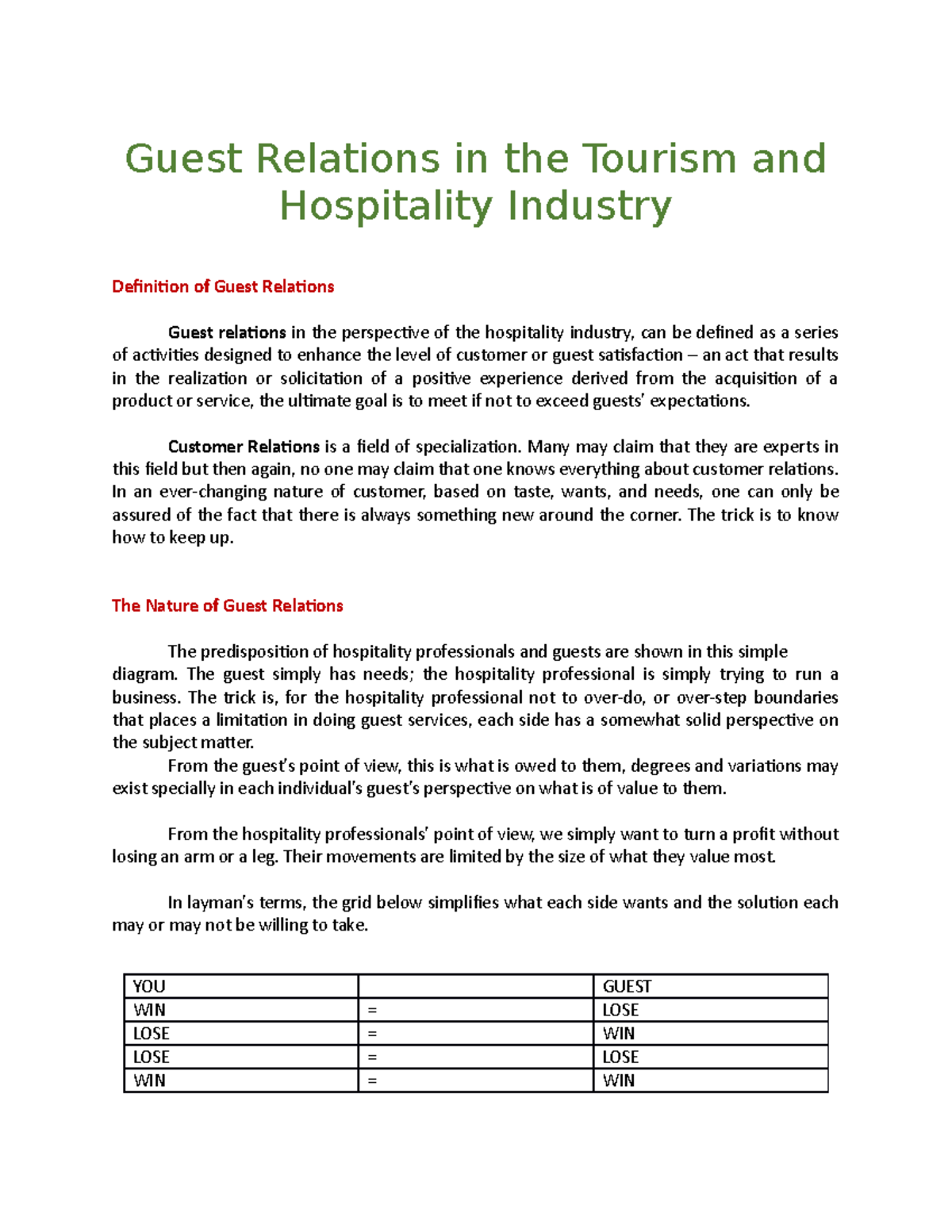 Guest Relations in the Tourism and Hospitality Industry - International ...