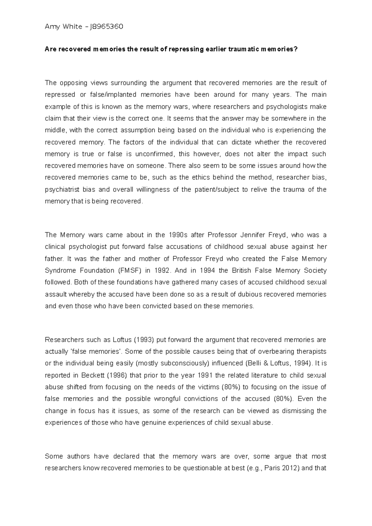 DD310-24J TMA05: The Debate on Recovered Memories and Trauma - Studocu