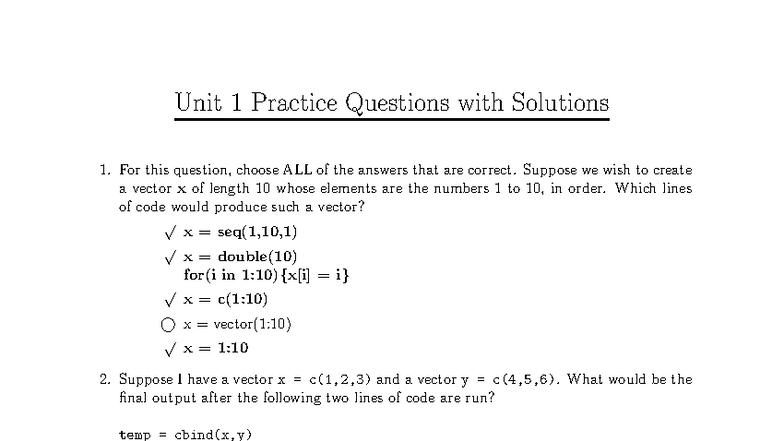 Unit 1 R Programming Practice Questions & Solutions - Studocu