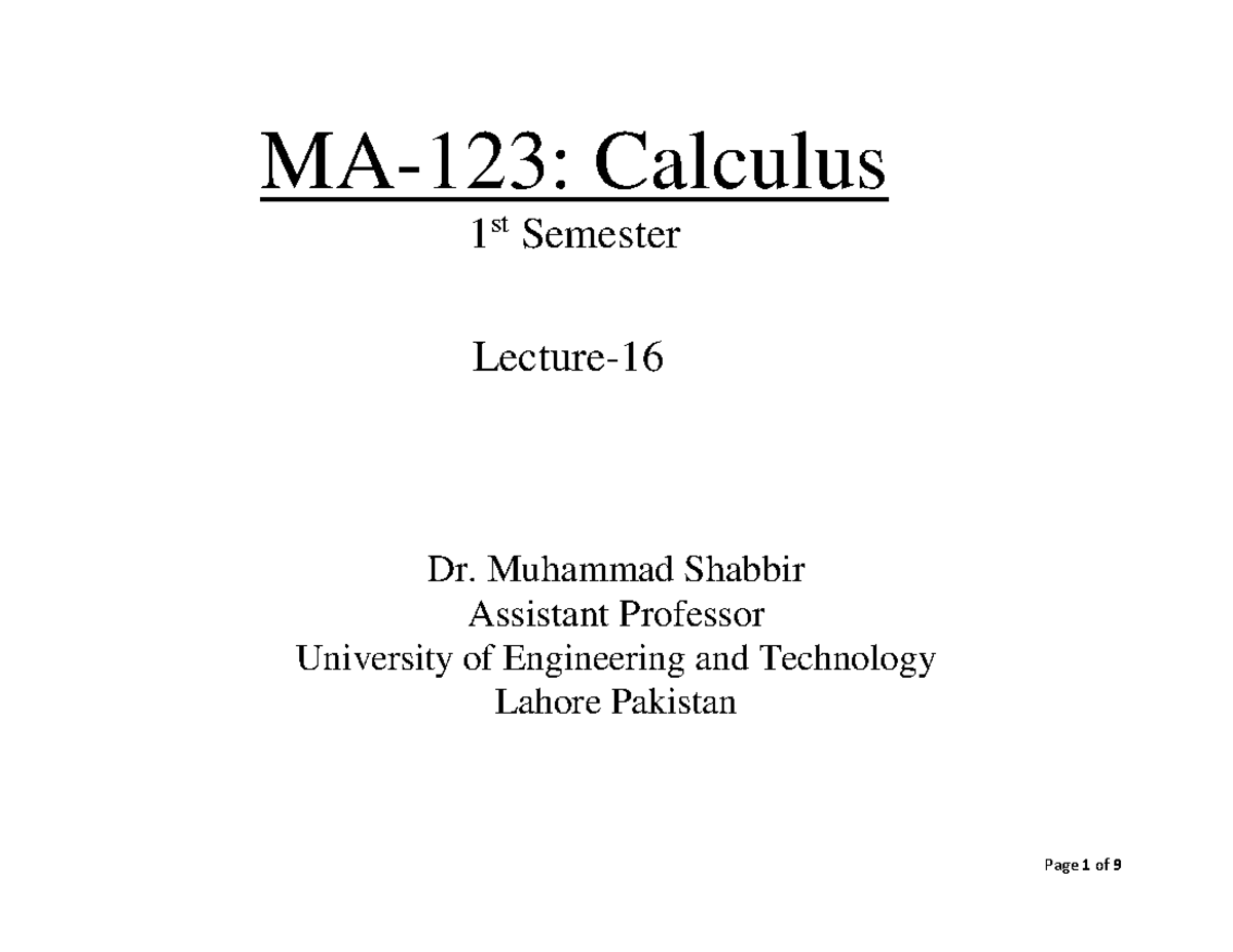 MA-123 Lecture 16: Integration of Rational Functions - Studocu
