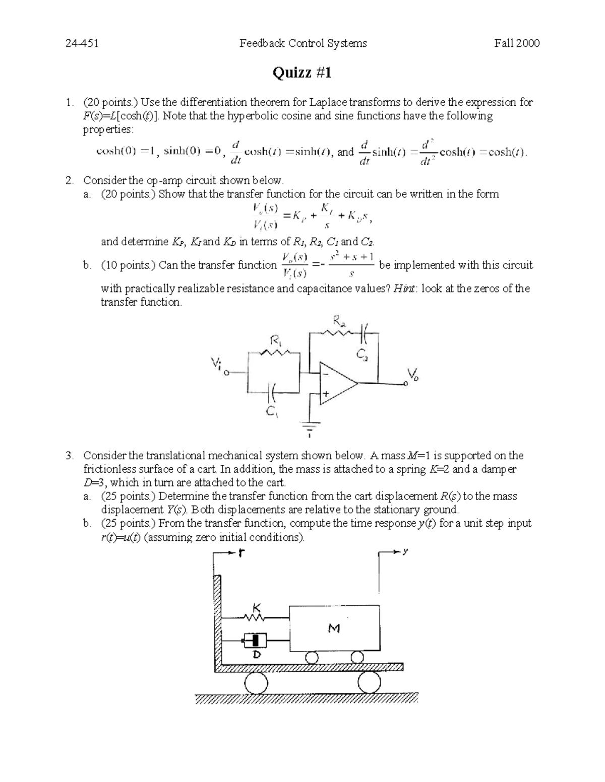 Quiz 1 - Feedback Control Systems (Fall) Sample Problems - Studocu