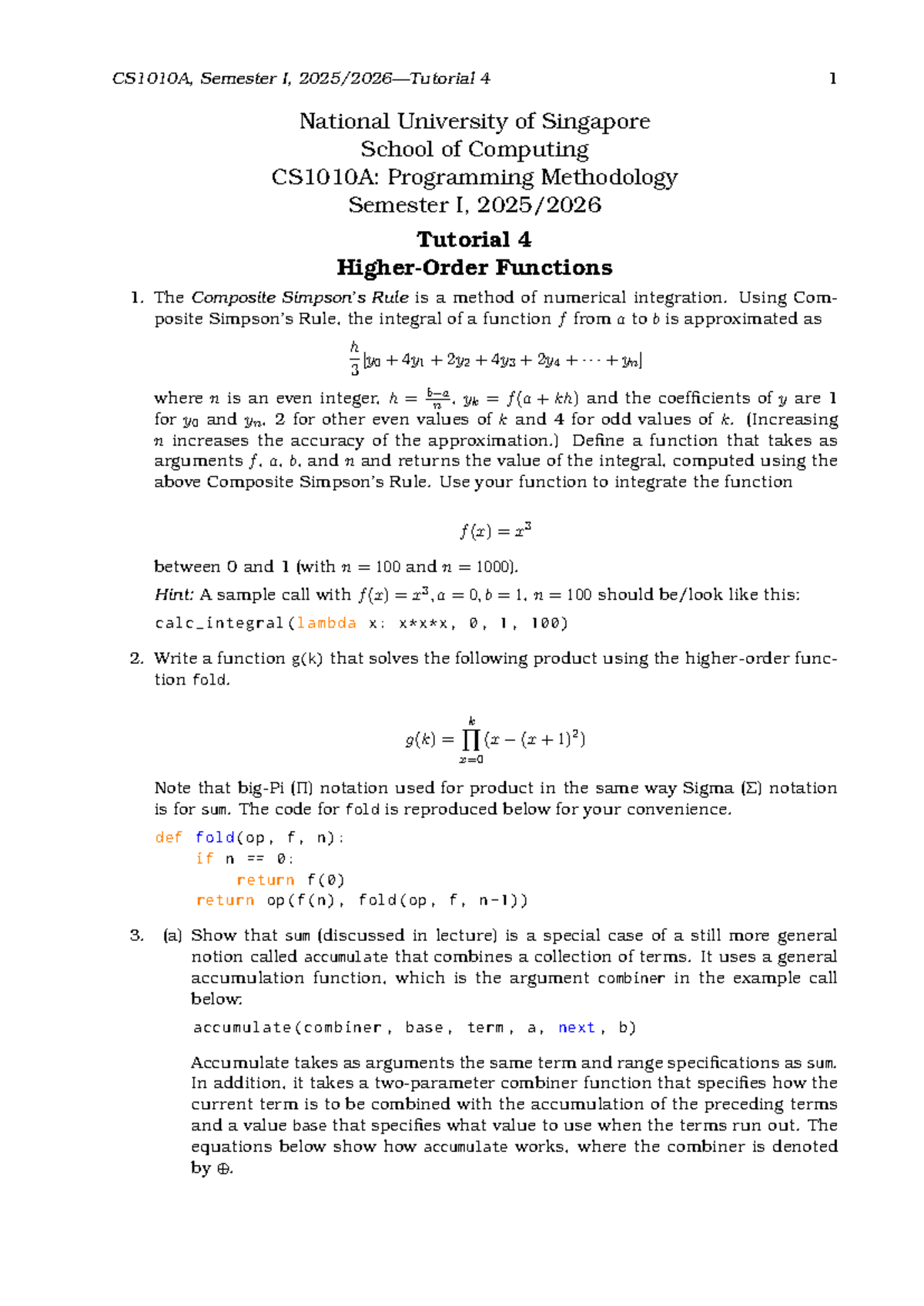 CS1010A: Semester I Tutorial 4 - Functions and Numerical Integration - Studocu