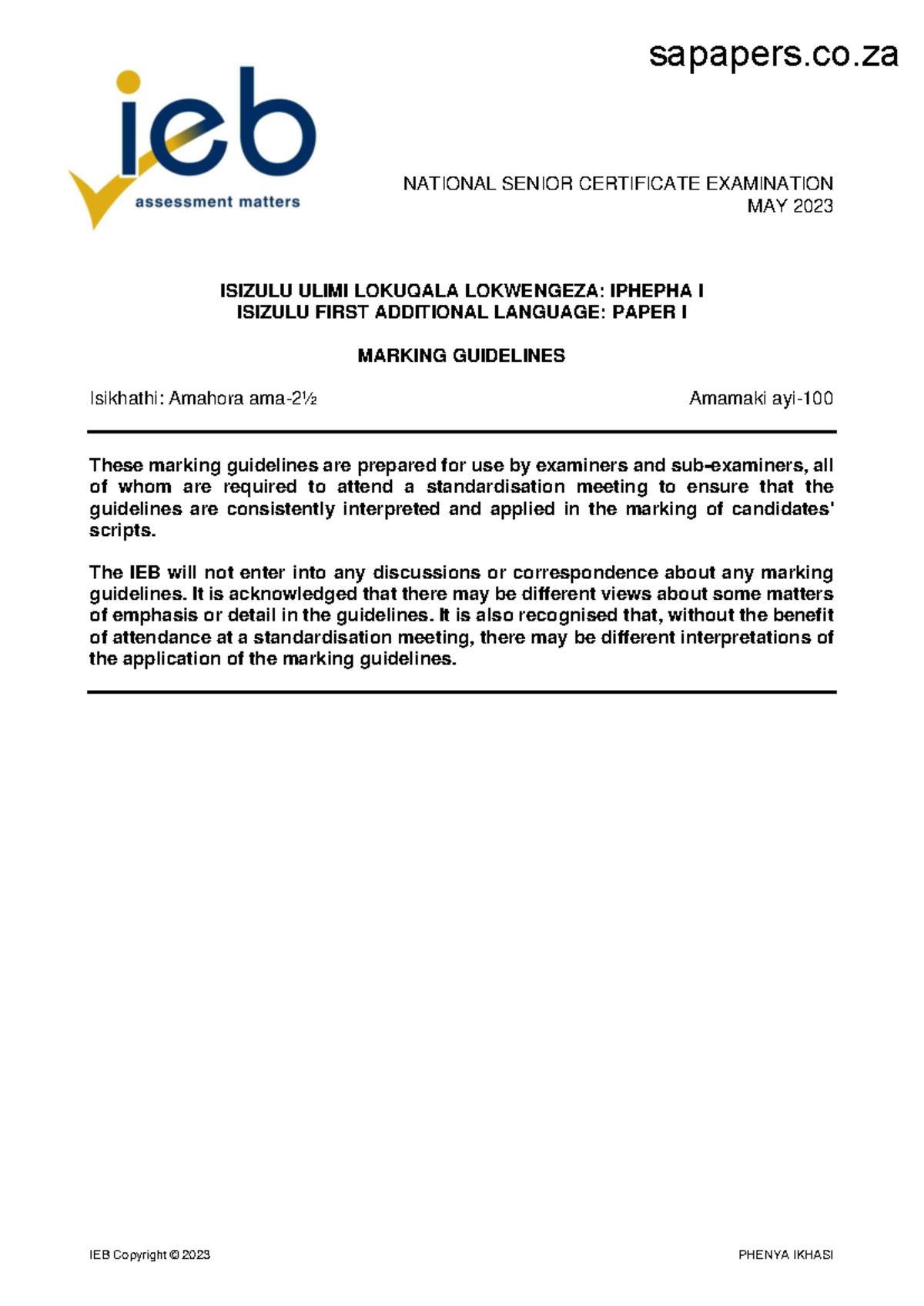 Isizulu FAL P1 Marking Guidelines May 2023 - Studocu