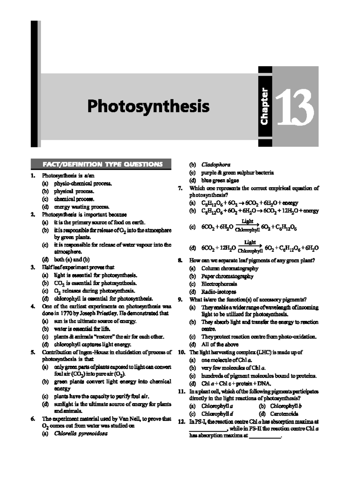 MCQs Photosynthesis in Higher Plants - Photosynthesis 13 TYPE QUESTIONS ...