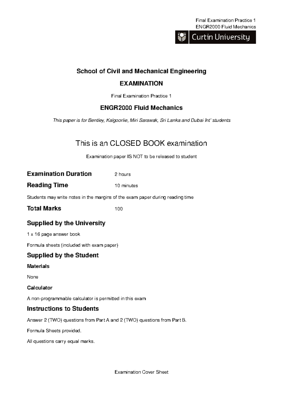 ENGR2000 Final Exam Practice 1: Fluid Mechanics Review - Studocu