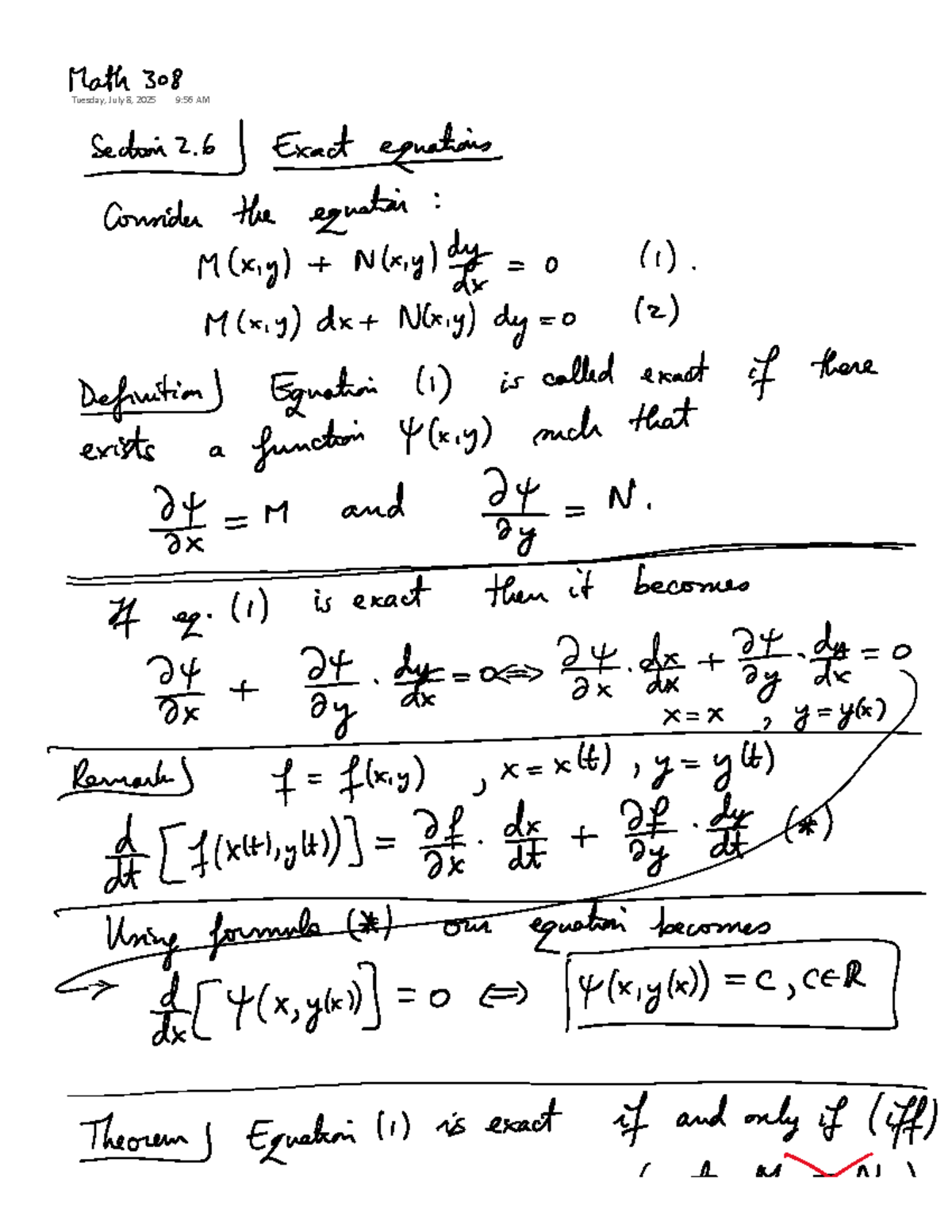 Math 308 Lecture 4 - Exact Equations and Solutions - Studocu