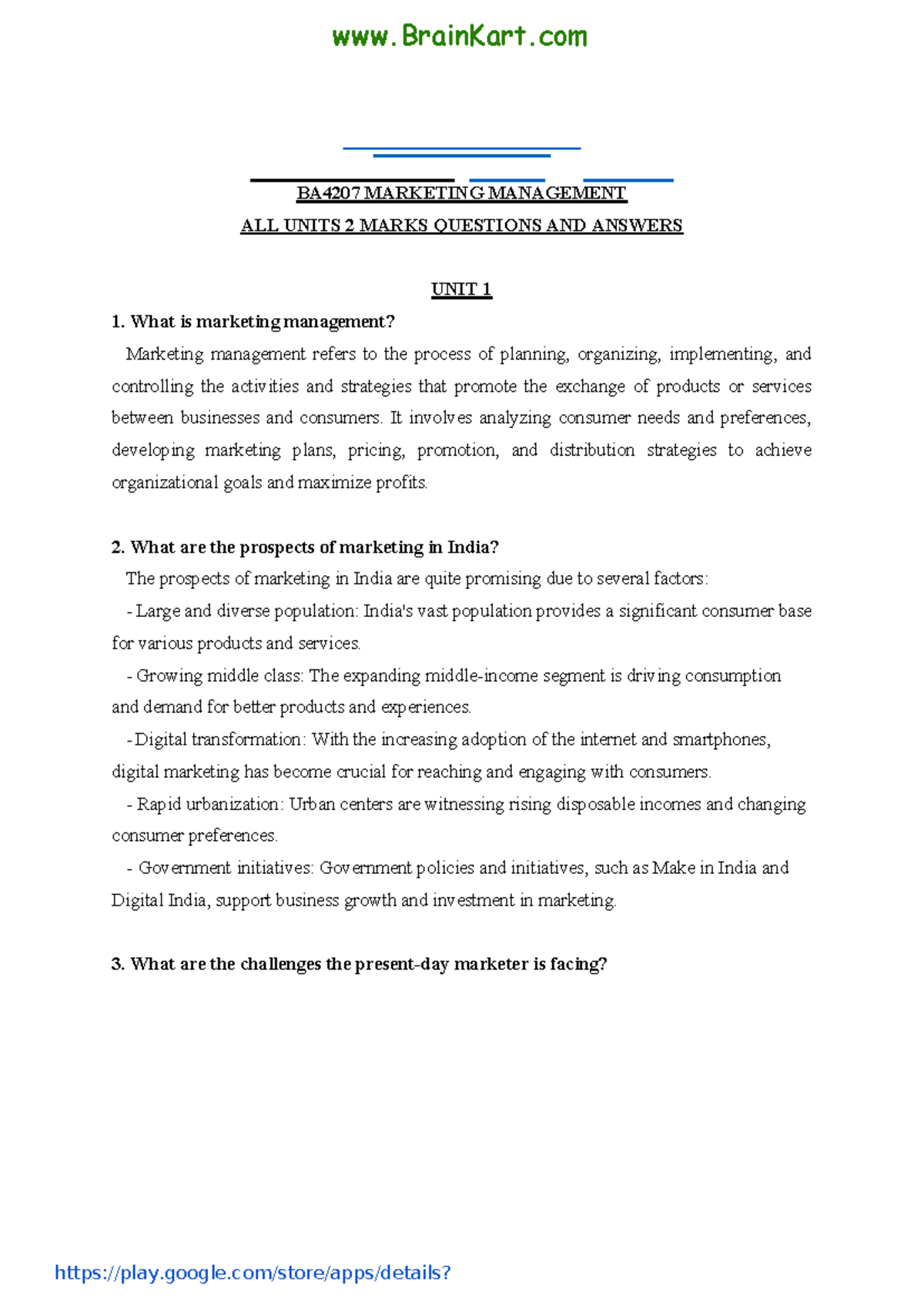 Brainkart Marketing Management - BA4207 Important 2 Marks Q&A for All ...