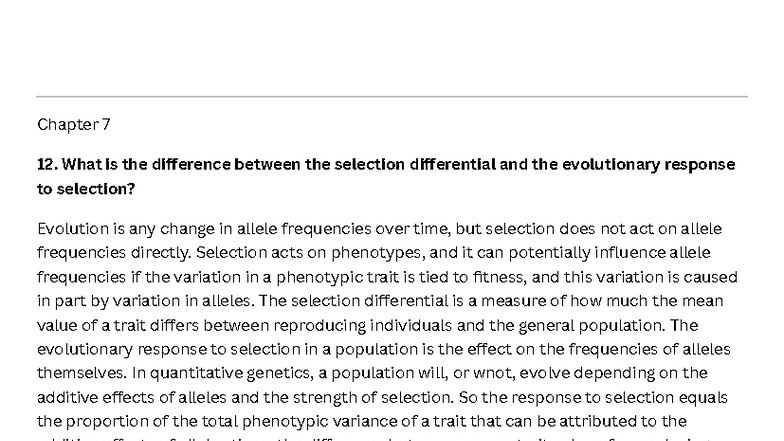Chapter 7: Selection Differential vs. Evolutionary Response to ...