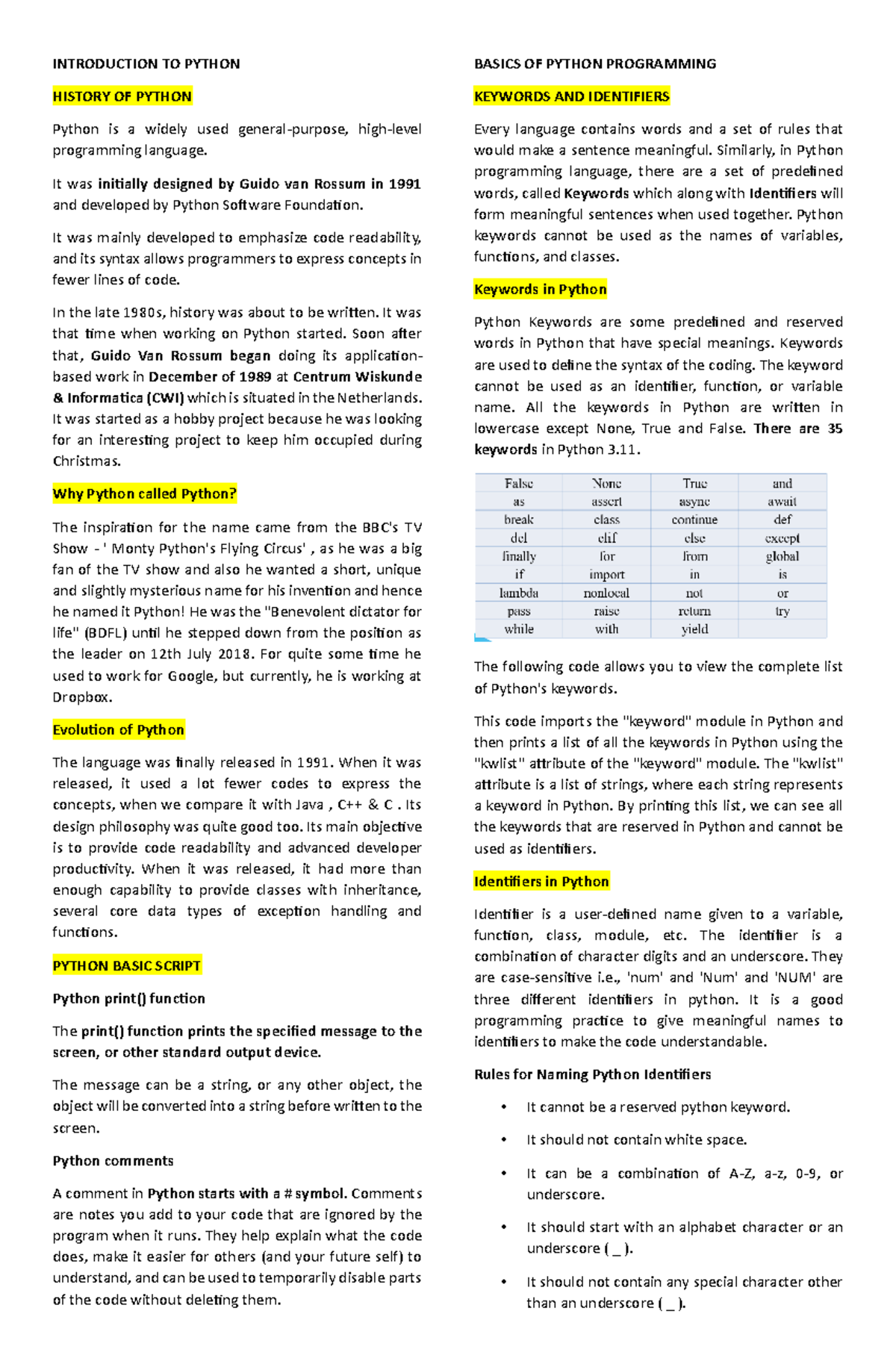 Advance Comprog (CS101) Week 2-8b: Intro to Python Basics & Keywords - Studocu
