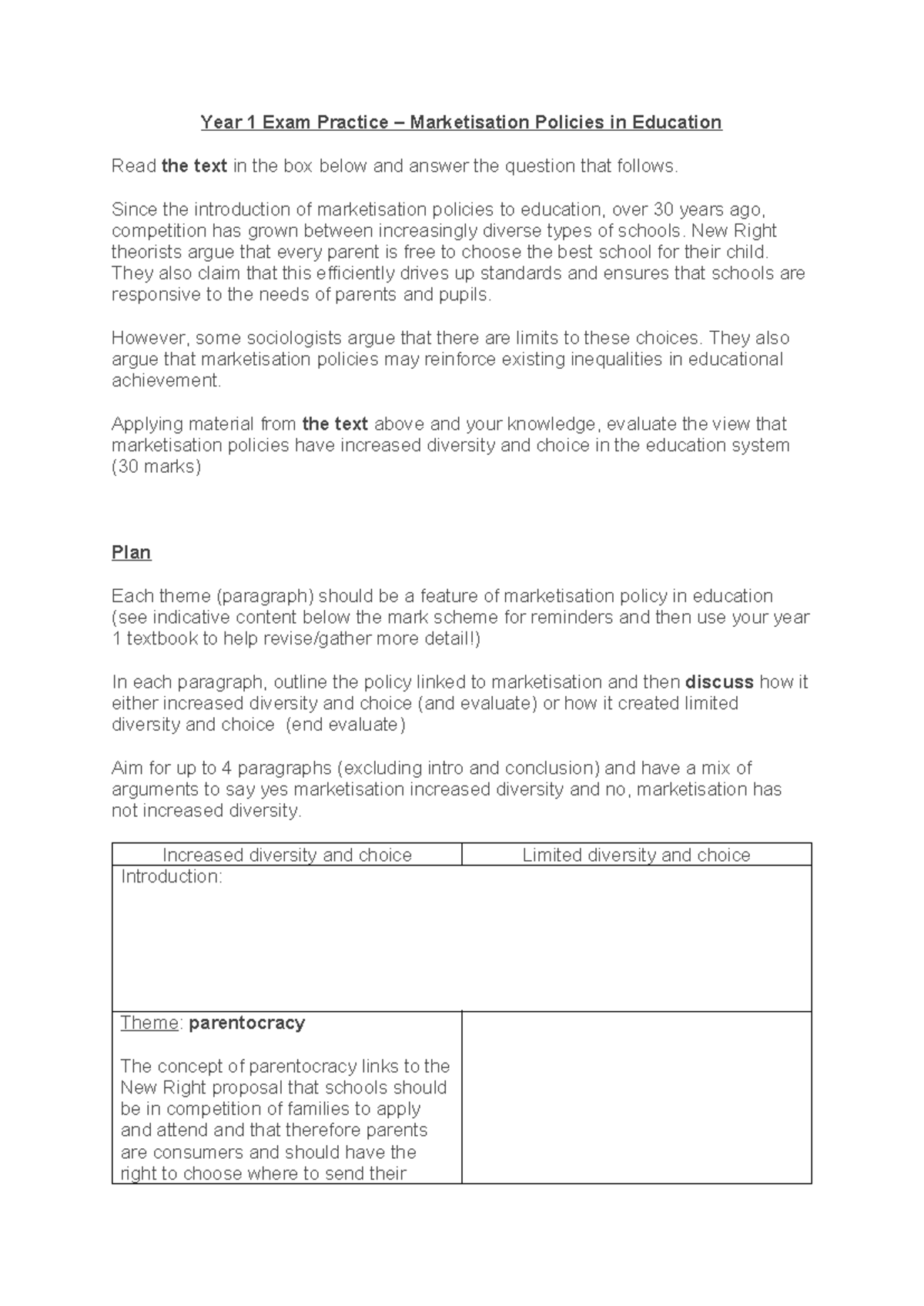Year 1 Essay Notes (30 Marks) on Marketisation Policies in Education ...