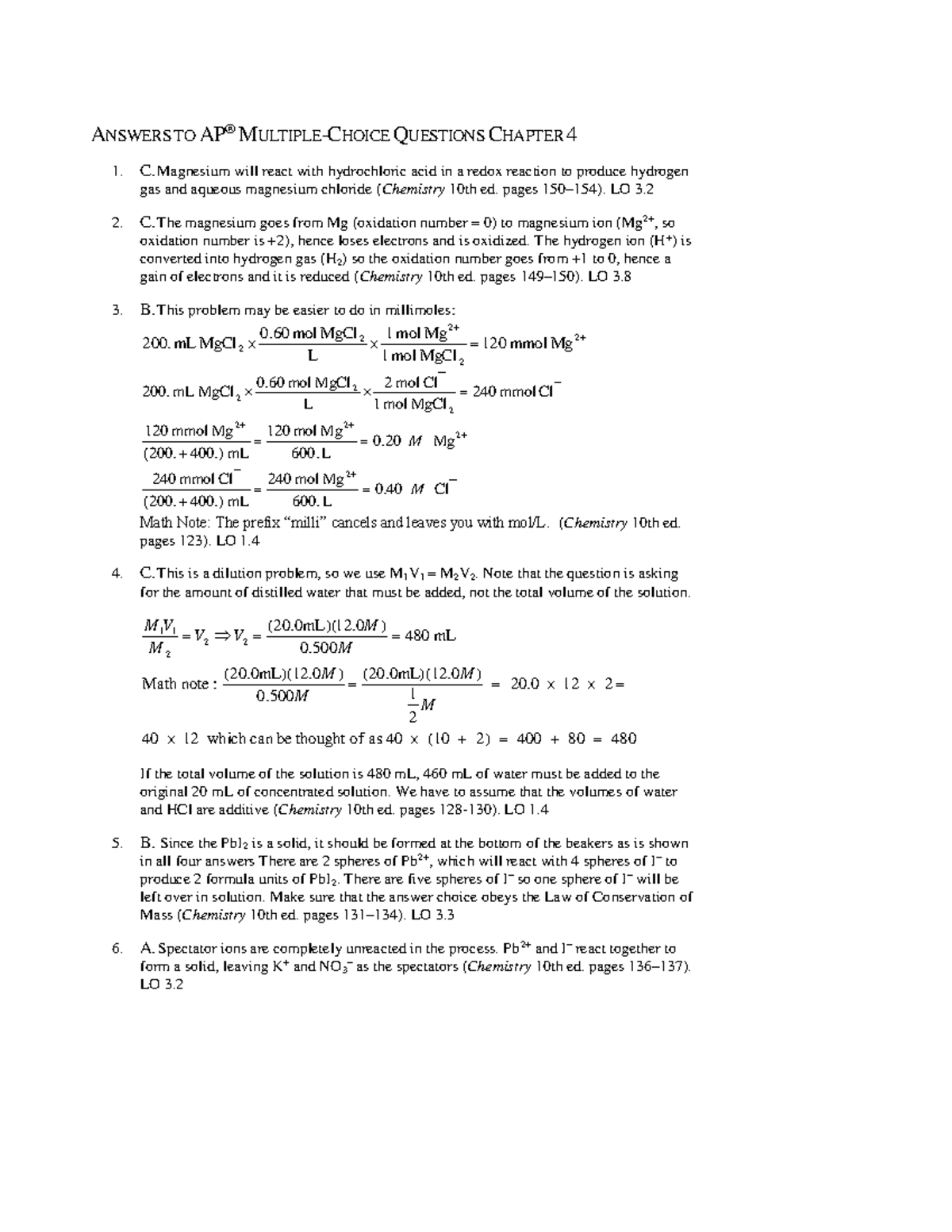 Chapter 04 AP MC Answers - Chemistry 10th Ed. Solutions - Studocu