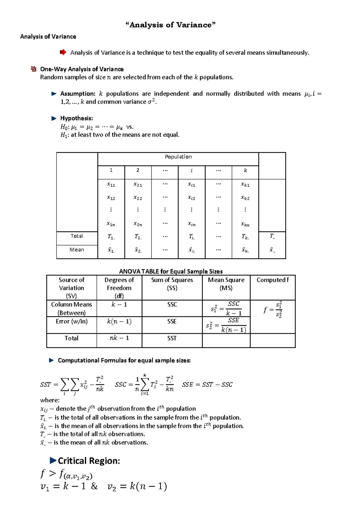 Analysis of Variance (ANOVA) and LSD Method for Testing Means - Studocu