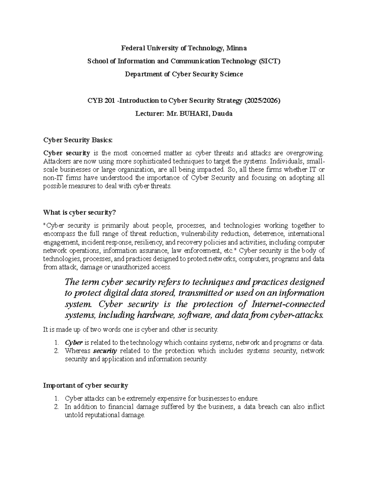 CYB 201 - Lecture Notes on Cyber Security Fundamentals and Strategies ...
