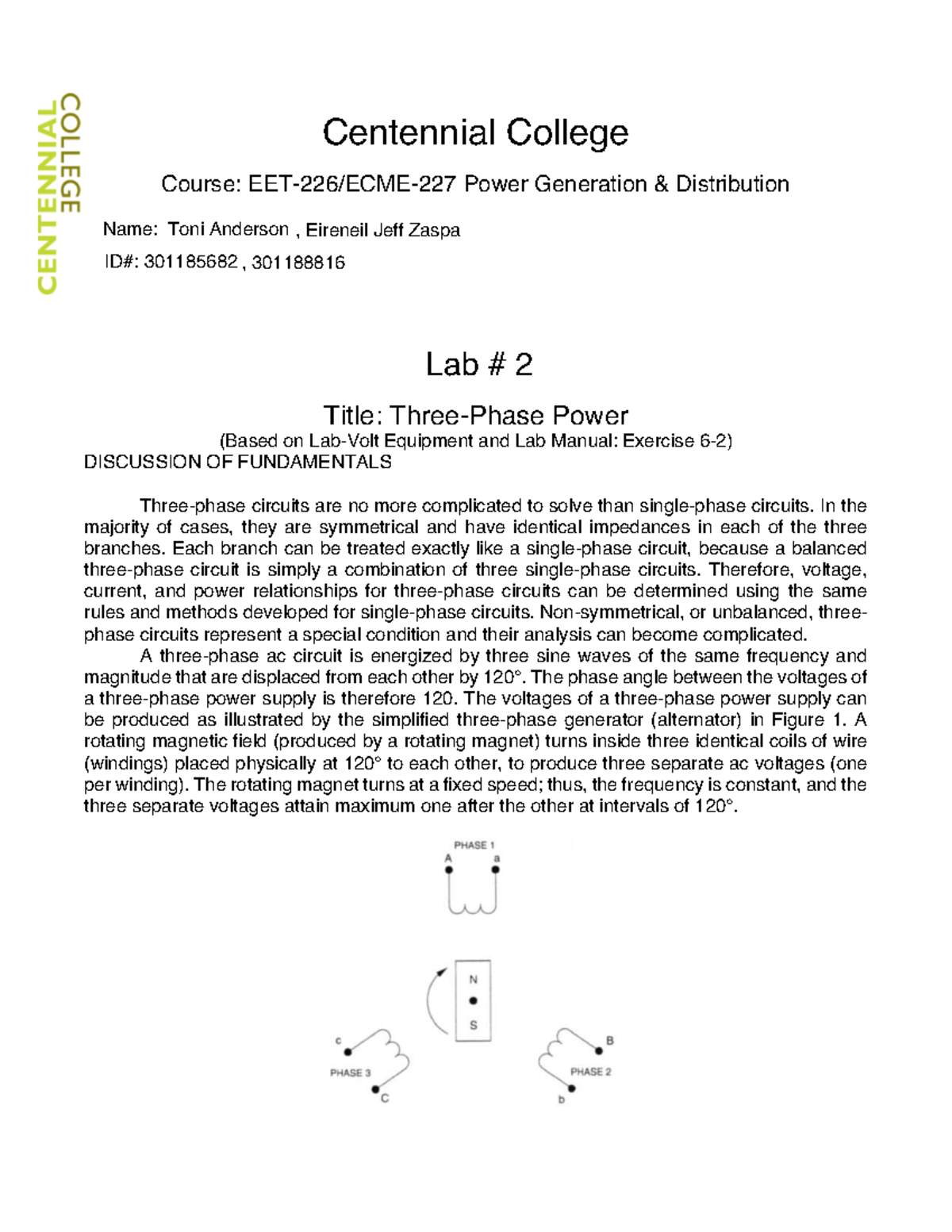EET-226 Lab # 2 three phase power-copy - Centennial College Course: EET ...