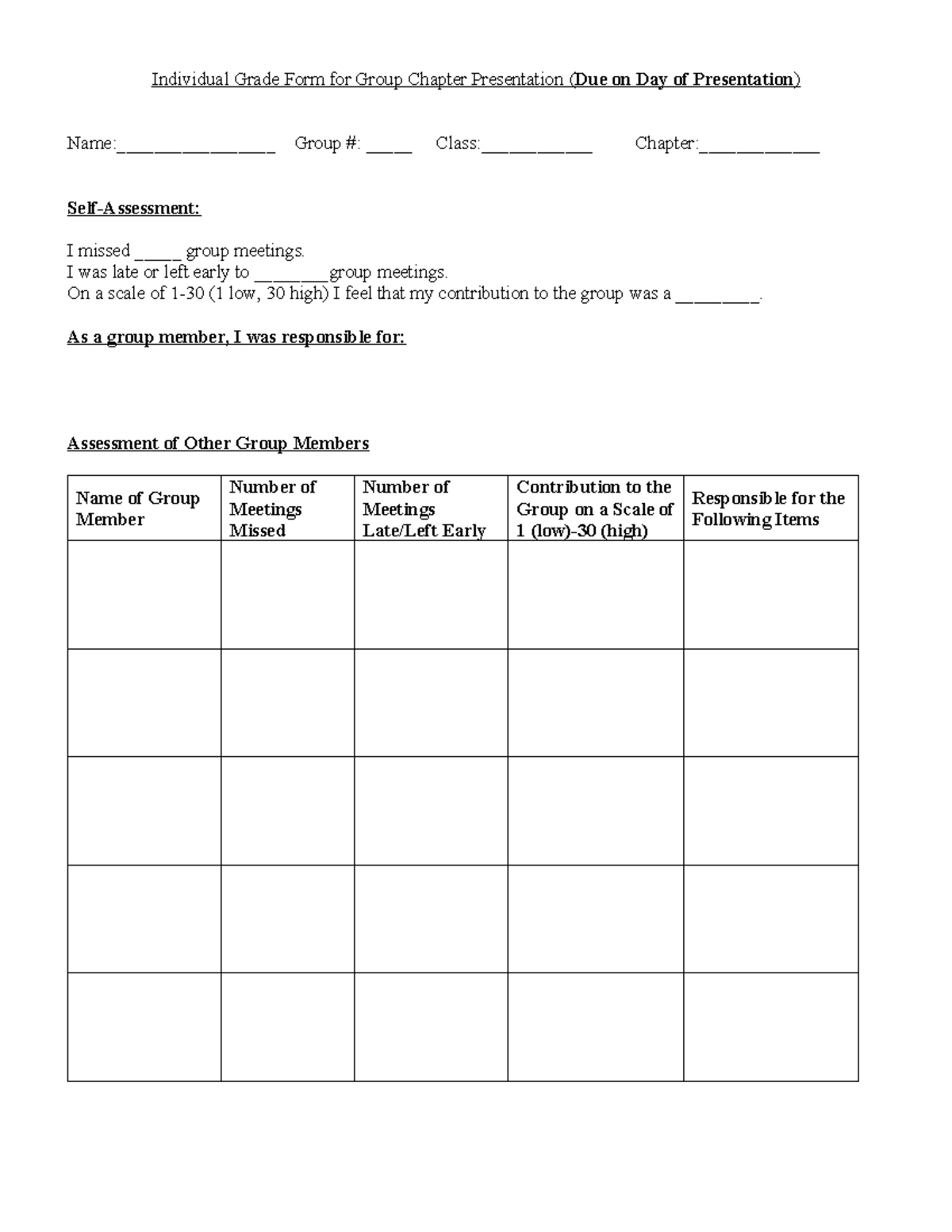 Group Teaching Presentation Individual Grade Form - Individual Grade ...