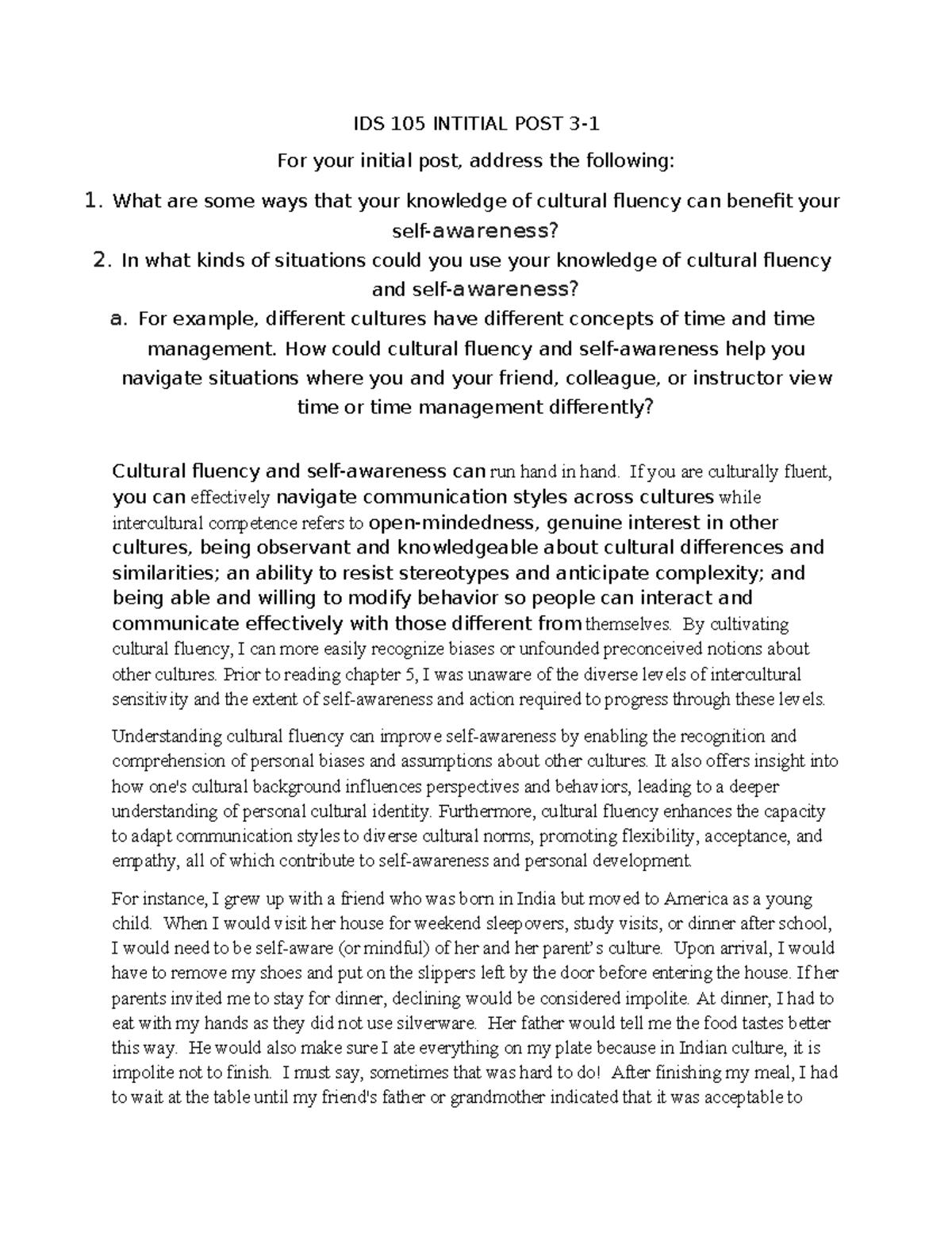 IDS 105 Initial Post 3-1: Benefits of Cultural Fluency for Self ...