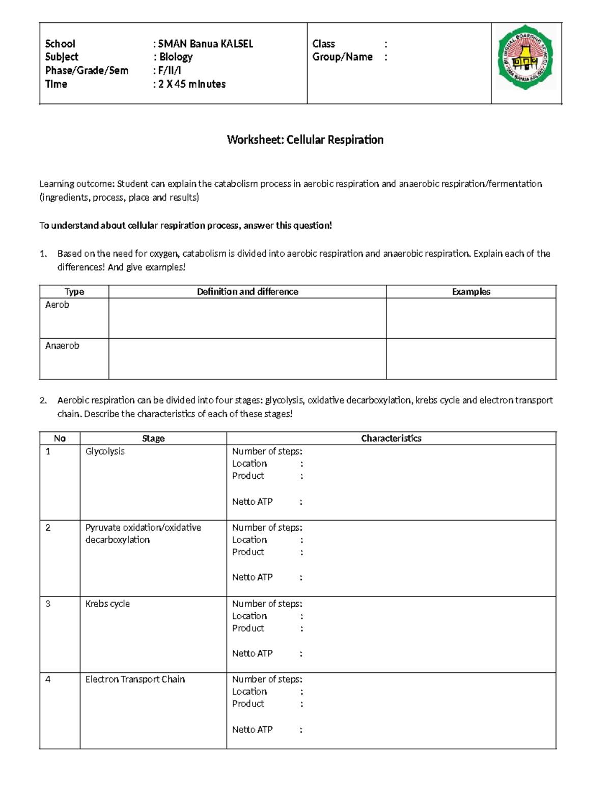 Biology Worksheet: Aerobic Respiration Overview and Analysis - Studocu