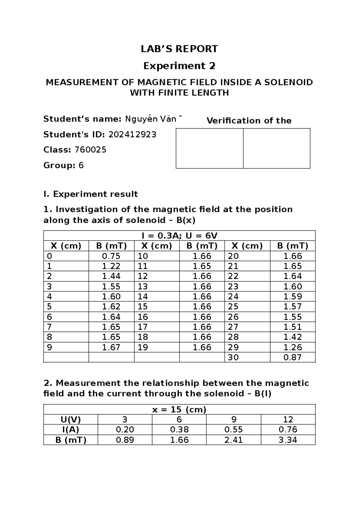 LAB Report 2: Measurement of Magnetic Field in Solenoid (760025) - Studocu