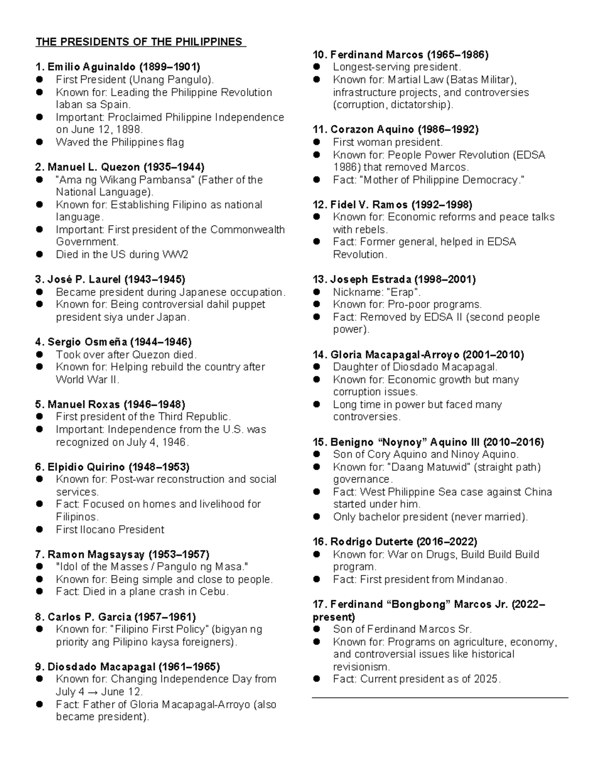 The Presidents of the Philippines: A Historical Overview - Studocu