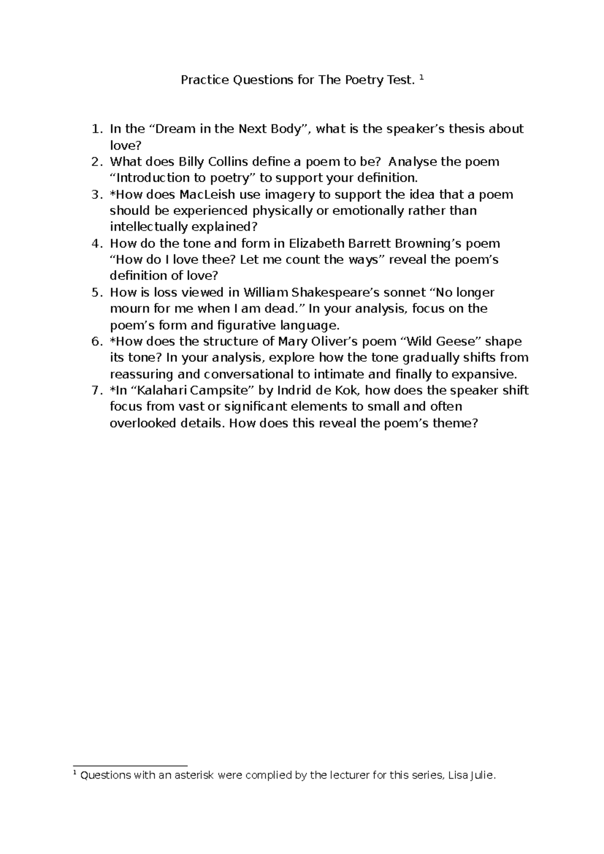 Poetry Test Practice Questions for ENG 101 - Studocu