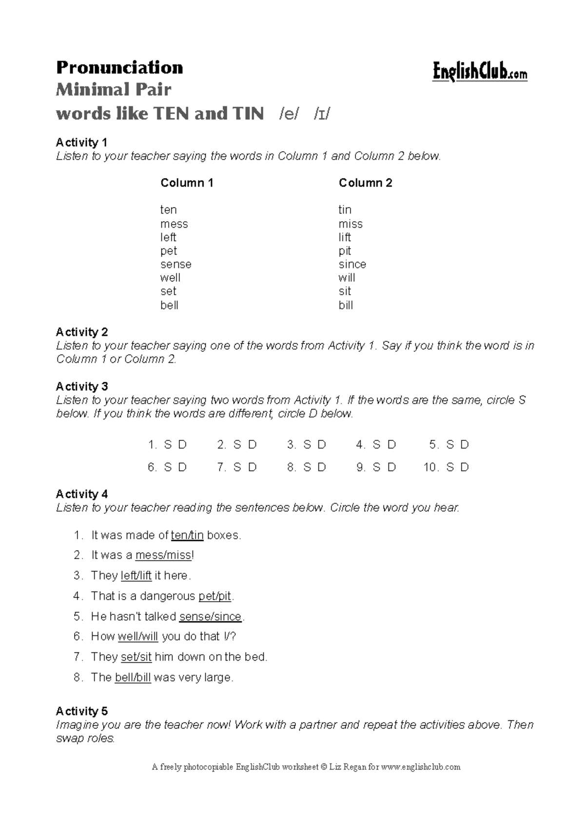 EC Pronunciation Activity: Minimal Pairs TEN vs TIN - Studocu