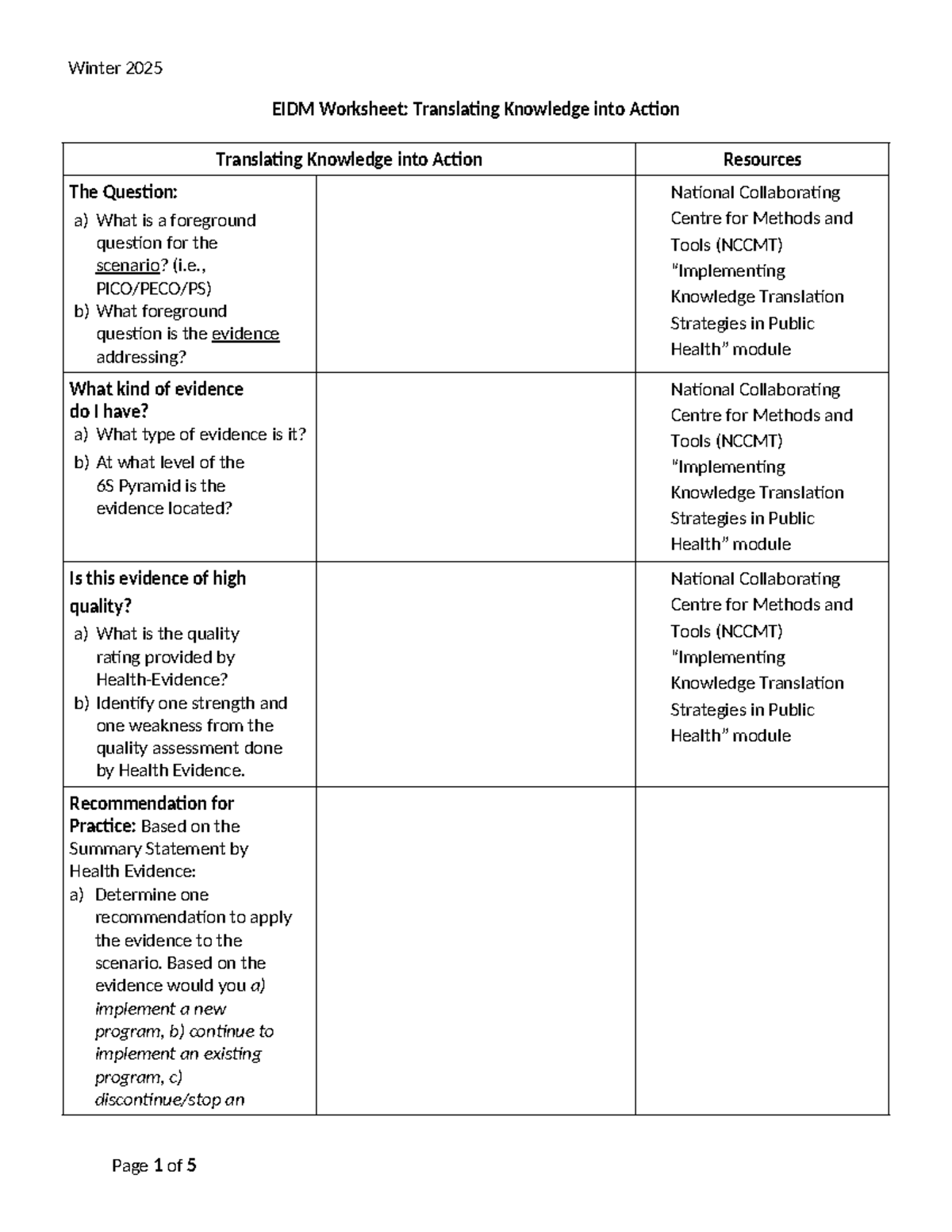 EIDM Worksheet Translating Knowledge into Action - EIDM Worksheet: Translating Knowledge into ...