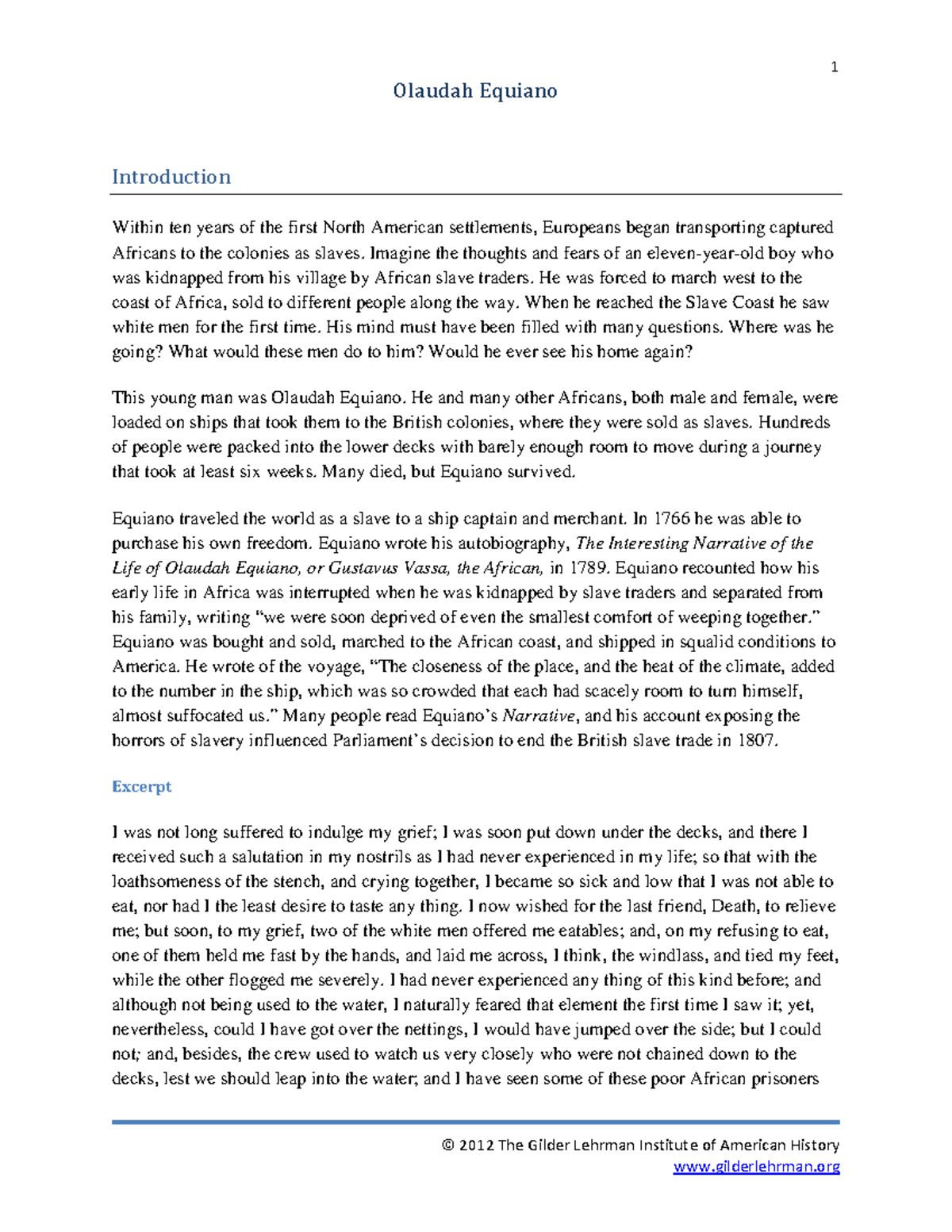 Olaudah Equiano: The Life and Legacy of an African Slave (HIST 201 ...