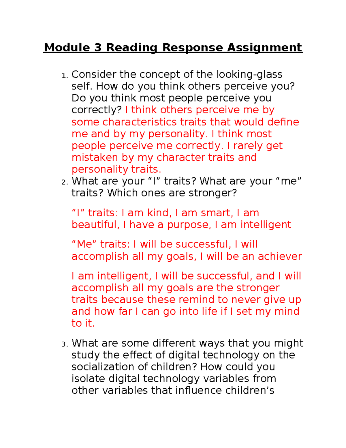 Module 3: Reading Response Assignment on Self-Perception and Technology ...
