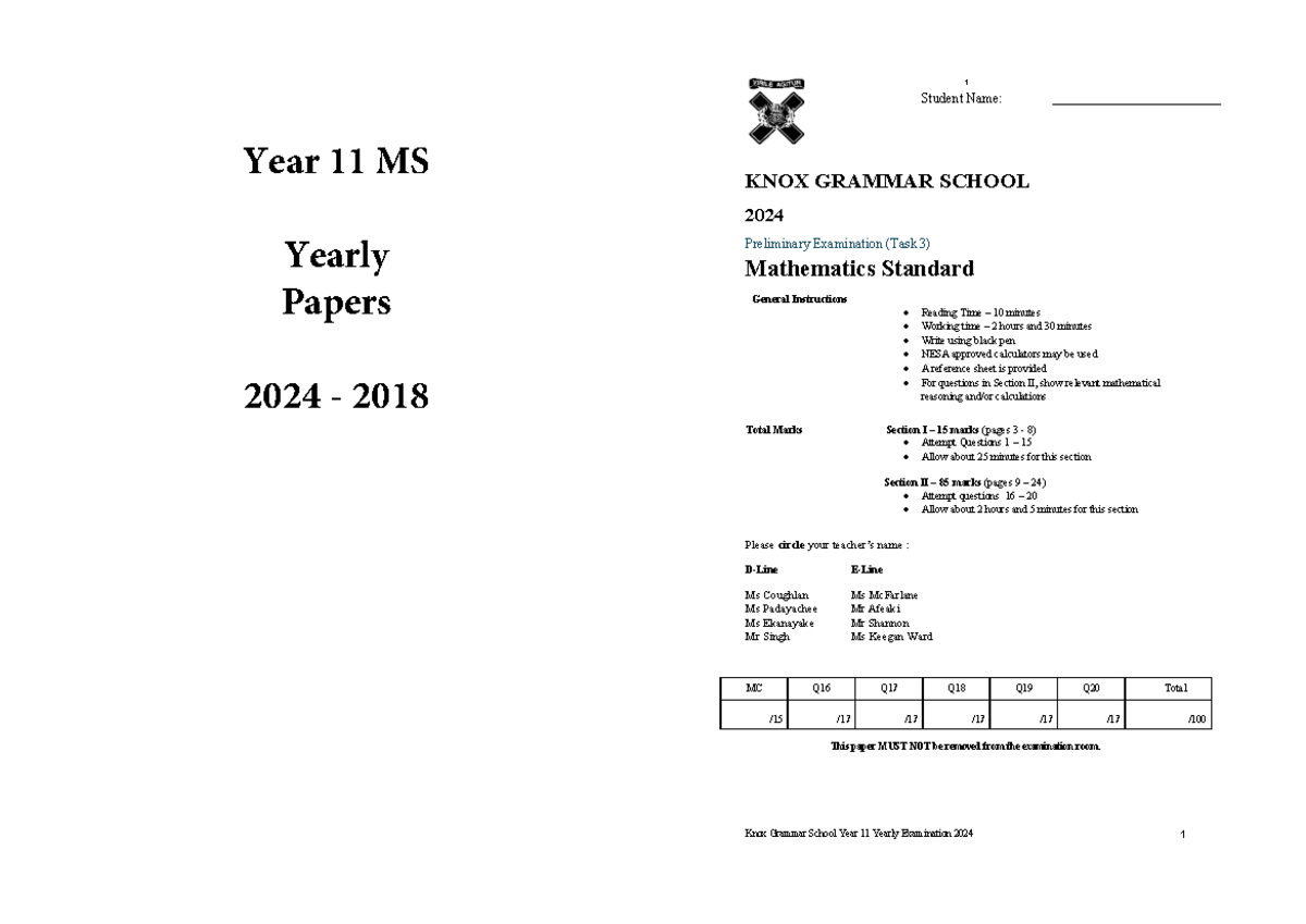 Knox Grammar School Year 11 2024 Preliminary Mathematics Exam Paper ...