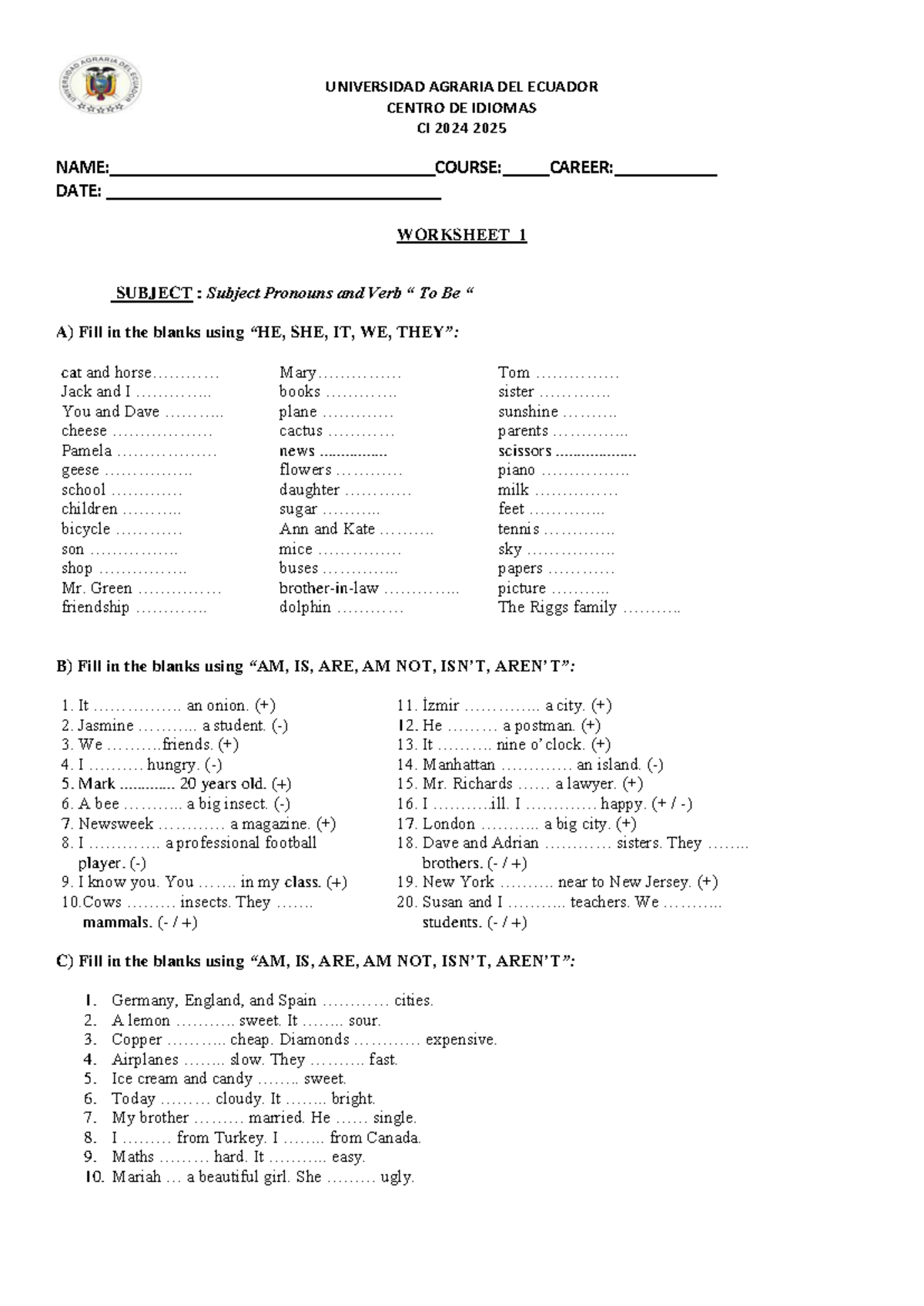 Worksheet on Subject Pronouns & Verb "To Be" - CI 2024 2025 - Studocu